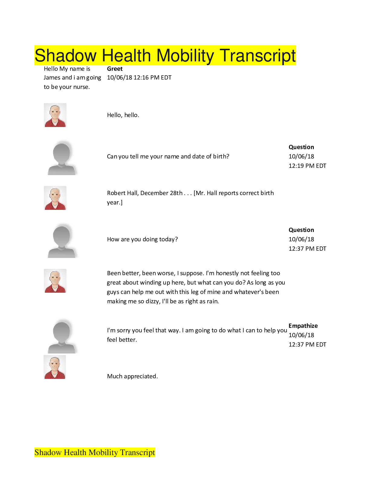 Robert Hall Mobility Shadow Health Focused Exam- TRANSCRIPT (ALREADY ...