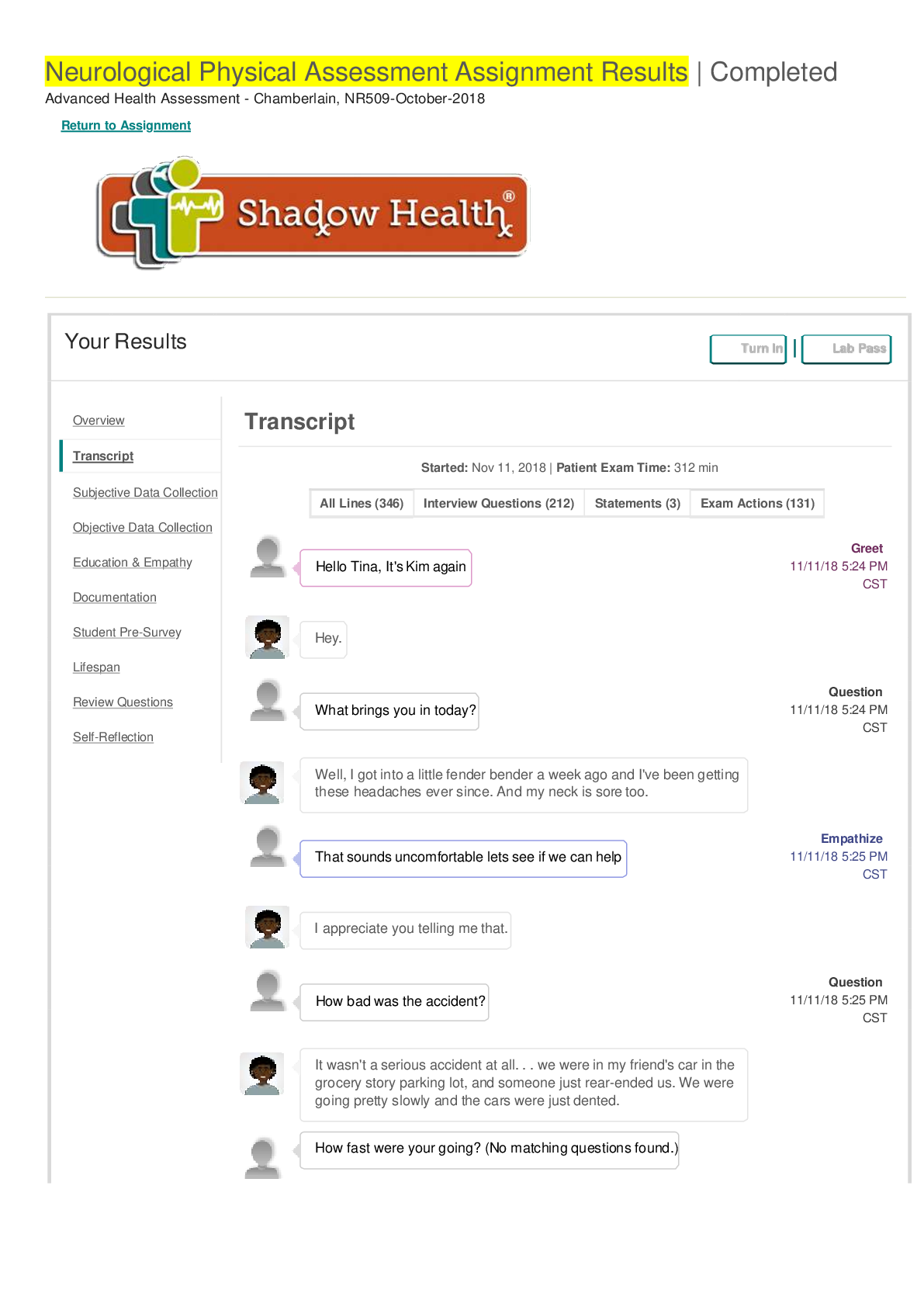 Tina Jones Shadow Health Neurological Physical Assessment Results ...