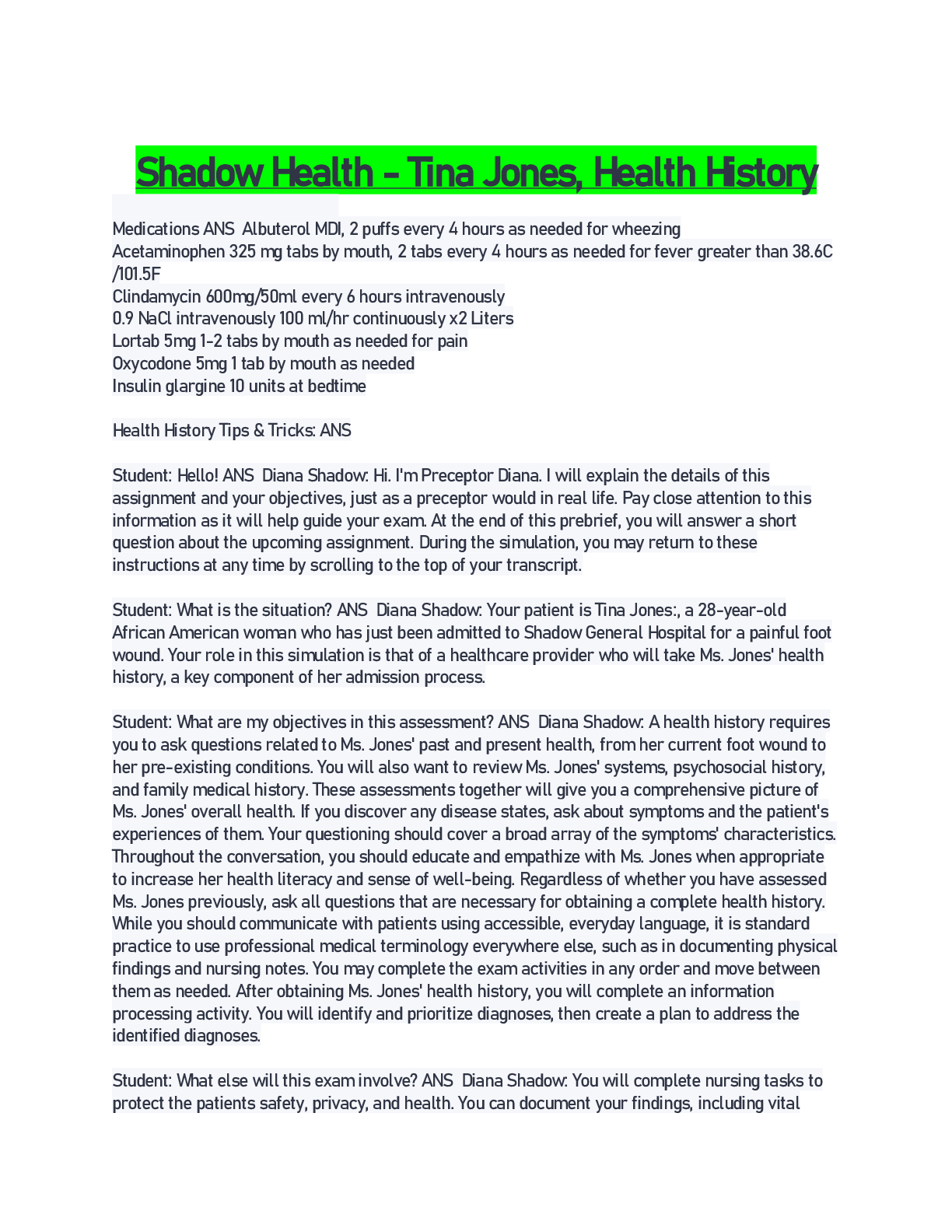 Shadow Health - Tina Jones, Health History – Scholarfriends ...