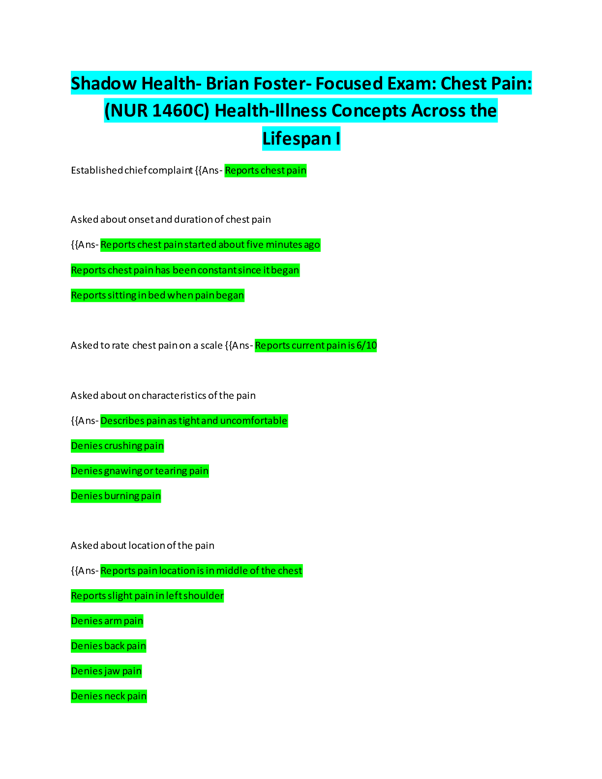 Shadow Health- Brian Foster- Focused Exam: Chest Pain: (NUR 1460C ...