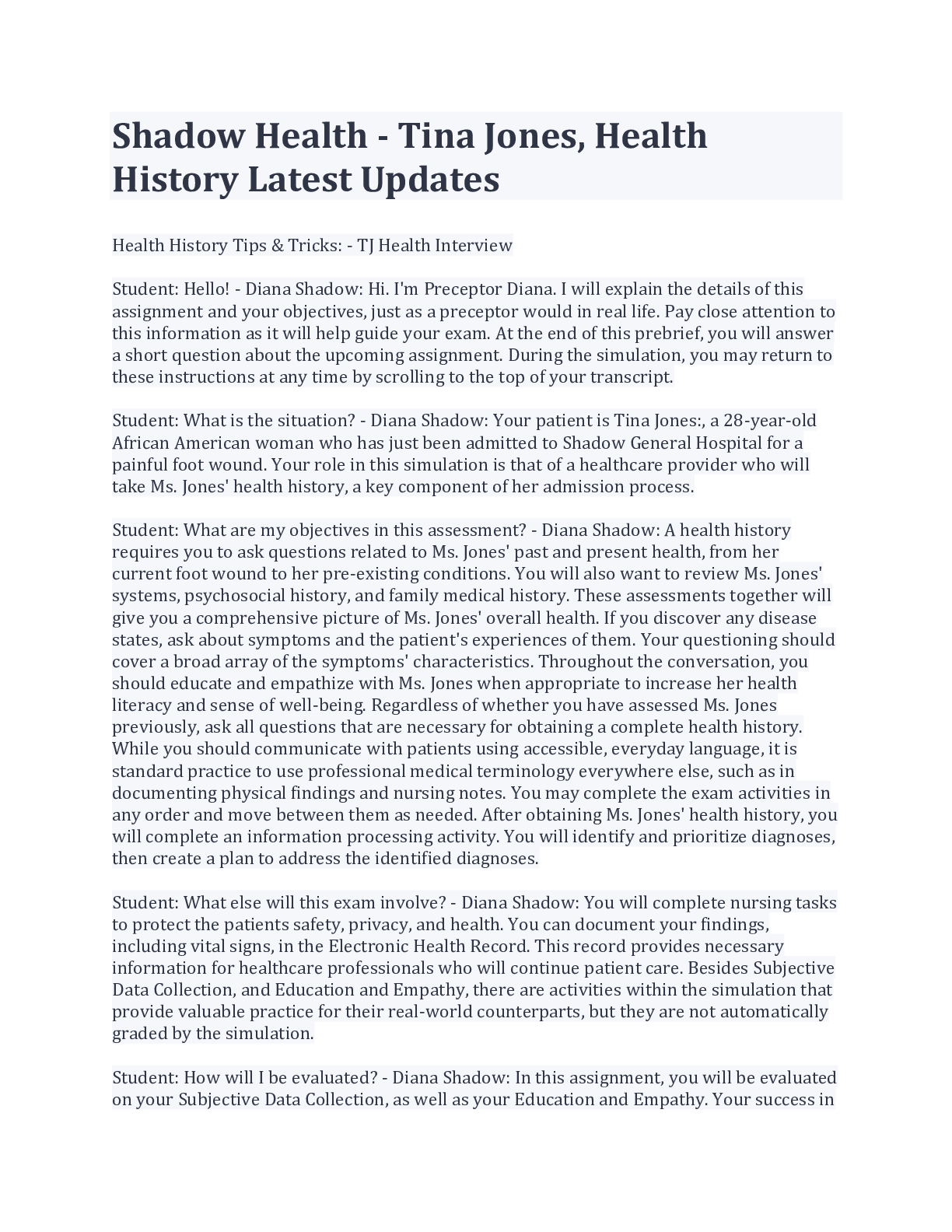 Shadow Health - Tina Jones, Health History Assessment Test solved 100% ...