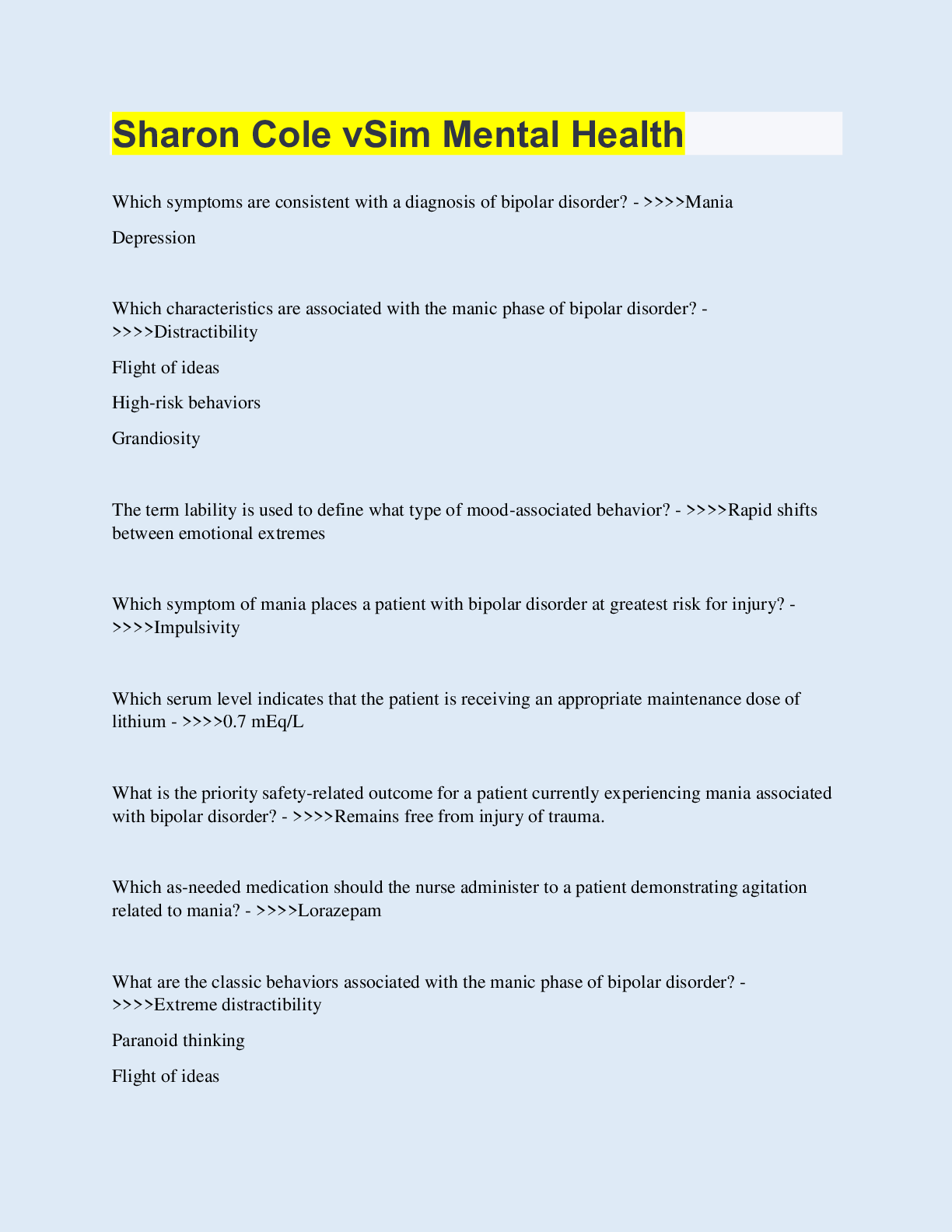 Sharon Cole vSim Mental Health | with 100% Correct Answers | Updated ...