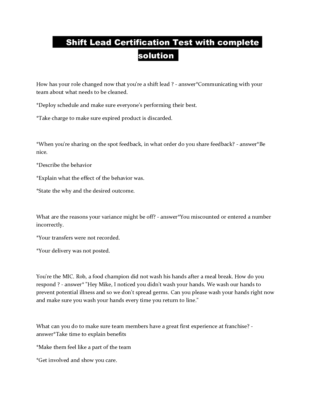 Shift Lead Certification Test with complete solution - Scholarfriends