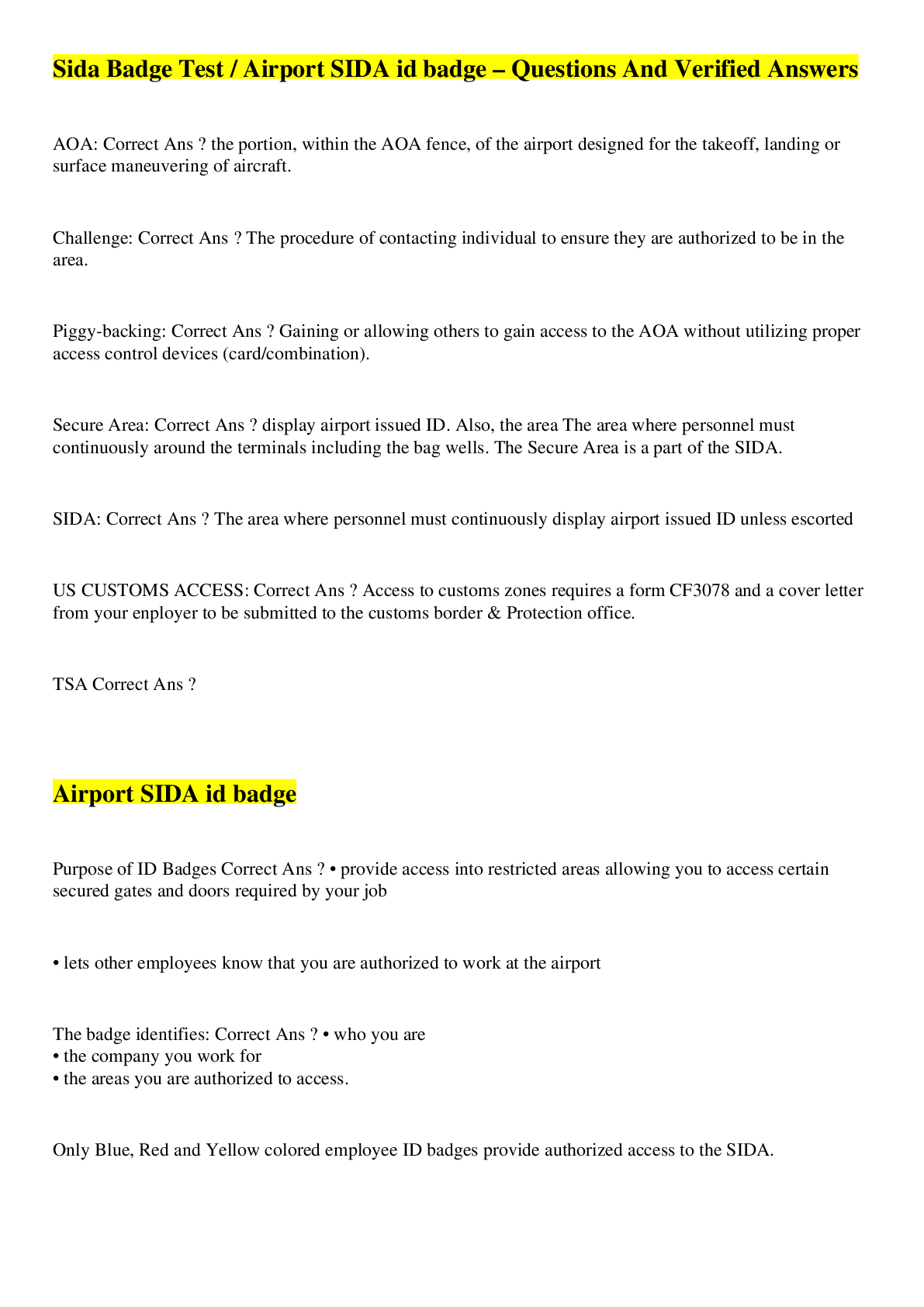 Sida Badge Test / Airport SIDA id badge – Questions And Verified ...