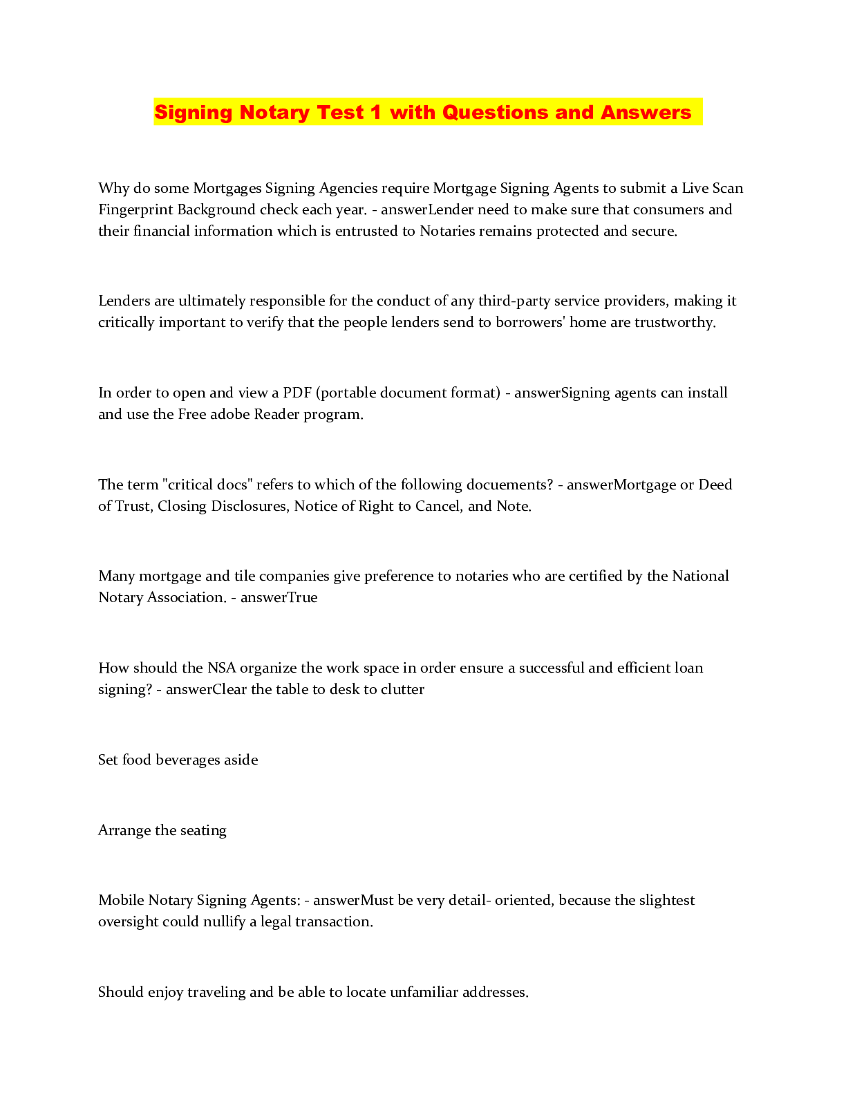 Signing Notary Test 1 with Questions and Answers - Scholarfriends