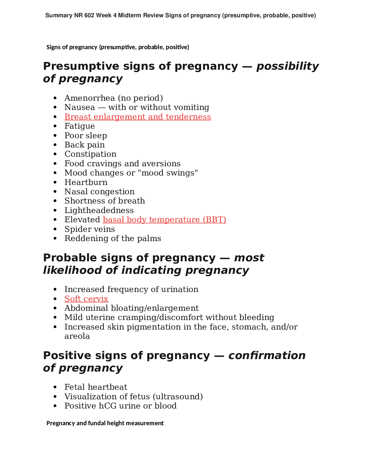 Summary NR 602 Week 4 Midterm Review Signs of pregnancy (presumptive ...