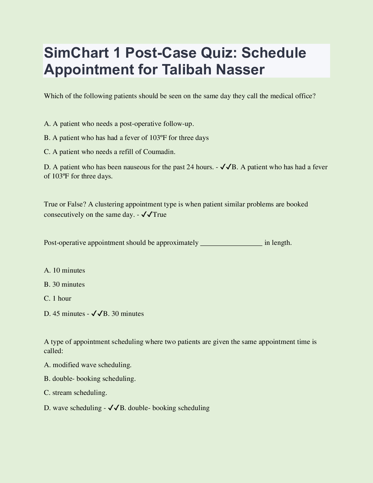 SimChart 1 Post-Case Quiz: Schedule Appointment for Talibah Nasser ...