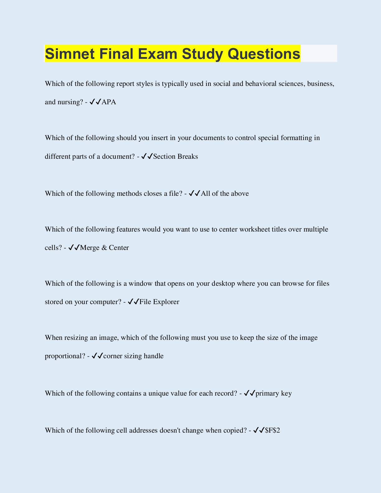Simnet Final Exam Study Questions | Questions with 100% Correct Answers ...