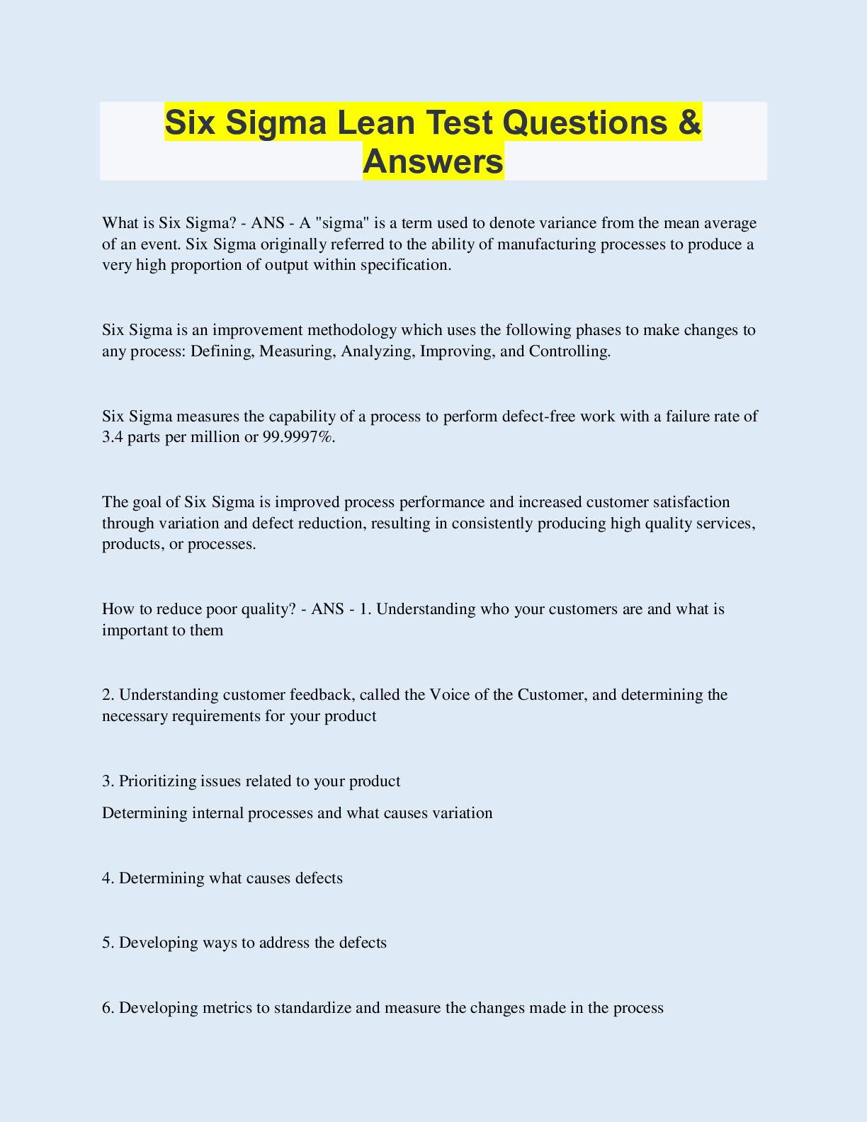 Six Sigma Lean Test Questions & Answers - Scholarfriends