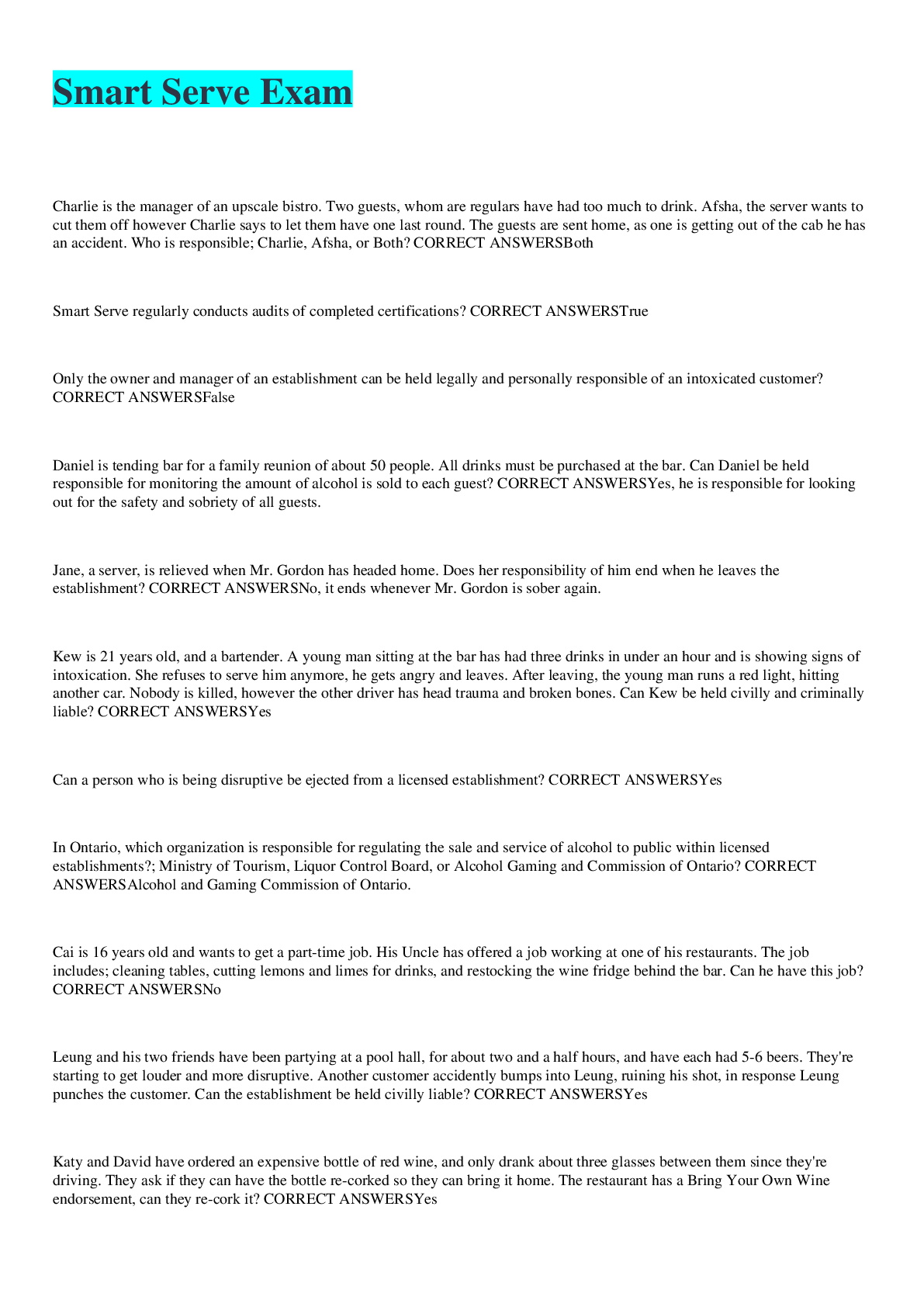 Smart Serve Exam 2022/2023 WITH 100% CORRECT ANSWERS - Scholarfriends