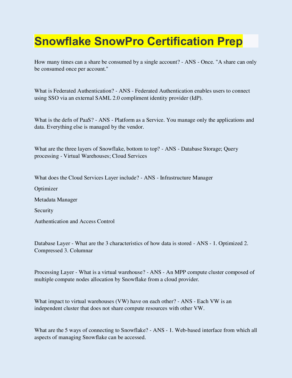 Snowflake SnowPro Certification Prep | 200 Questions with 100% Correct ...