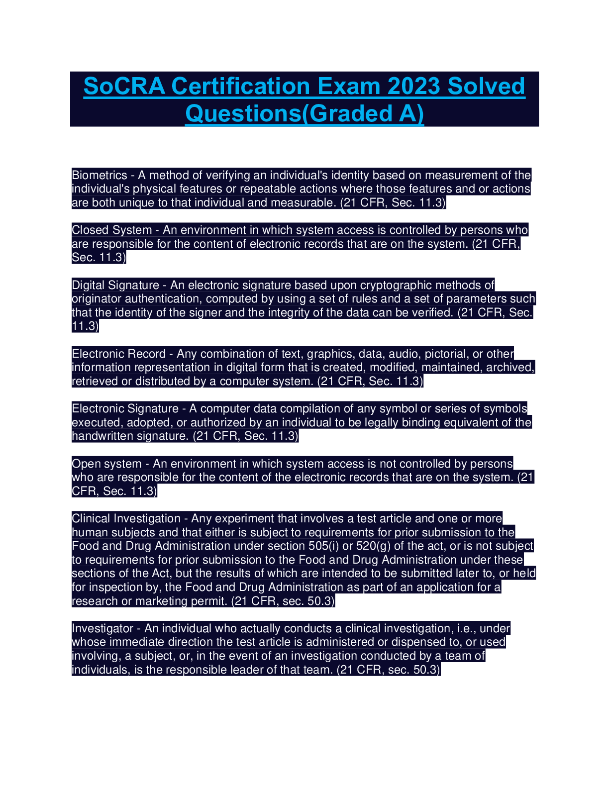 SoCRA Certification Exam 2023 Solved Questions(Graded A) - Scholarfriends