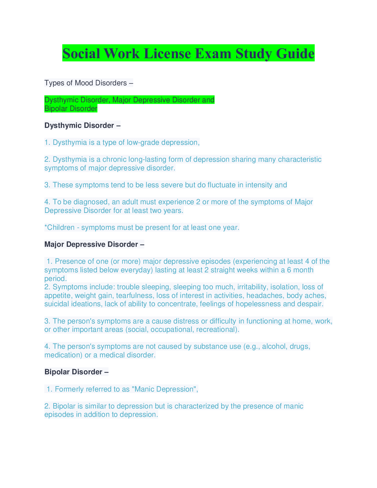 Social Work License Exam Study Guide( Complete Solution Rated A ...