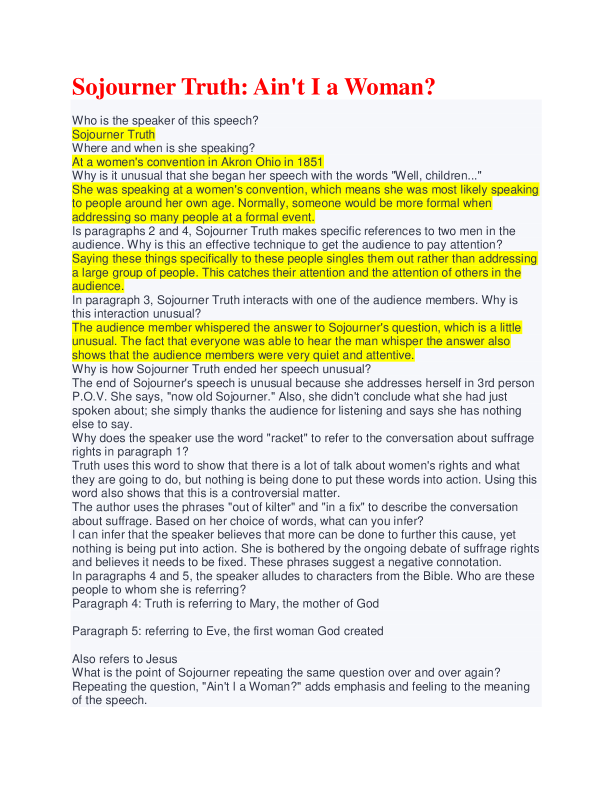 Sojourner Truth: Ain't I a Woman? Exams Top solution - Scholarfriends