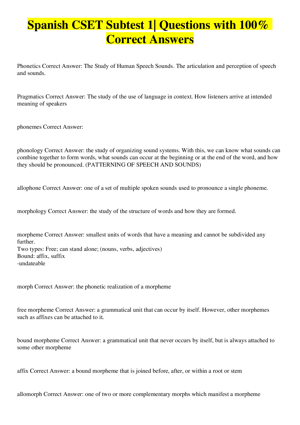 Spanish CSET Subtest 1| Questions with 100% Correct Answers ...