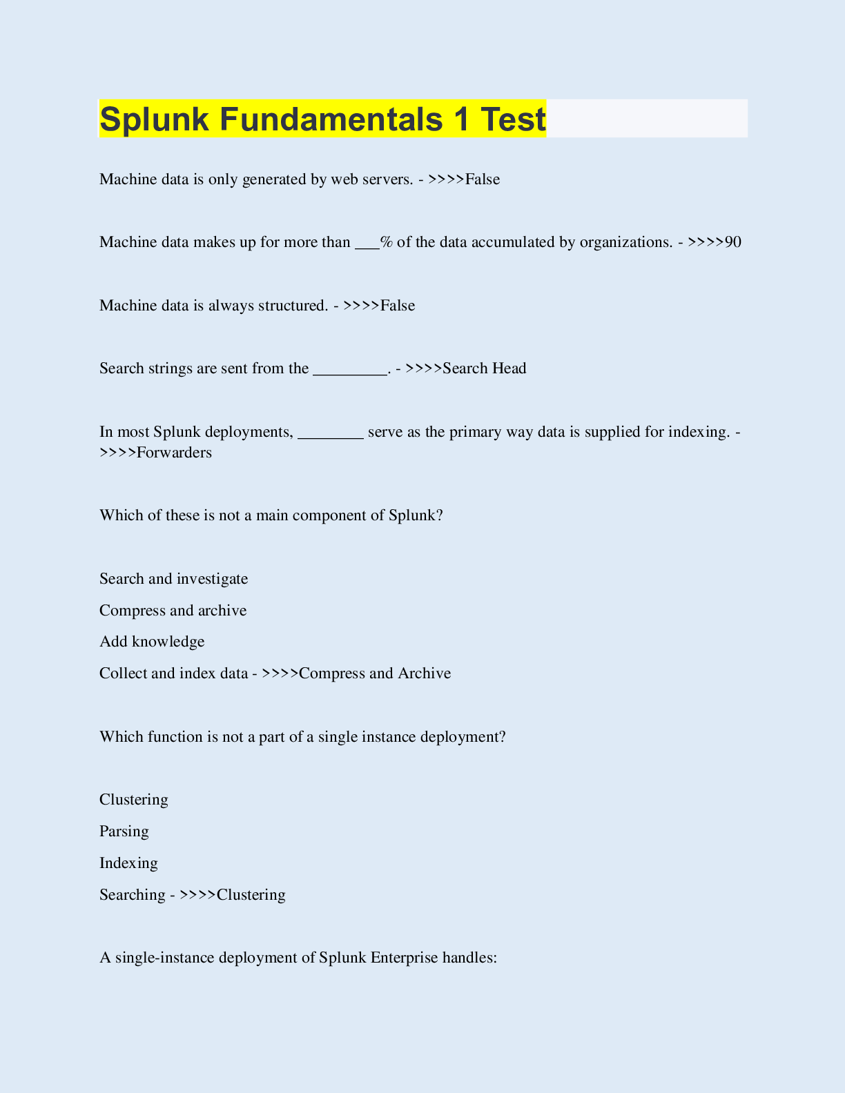 Splunk Fundamentals 1 Test | 65 Questions with 100% Correct Answers ...