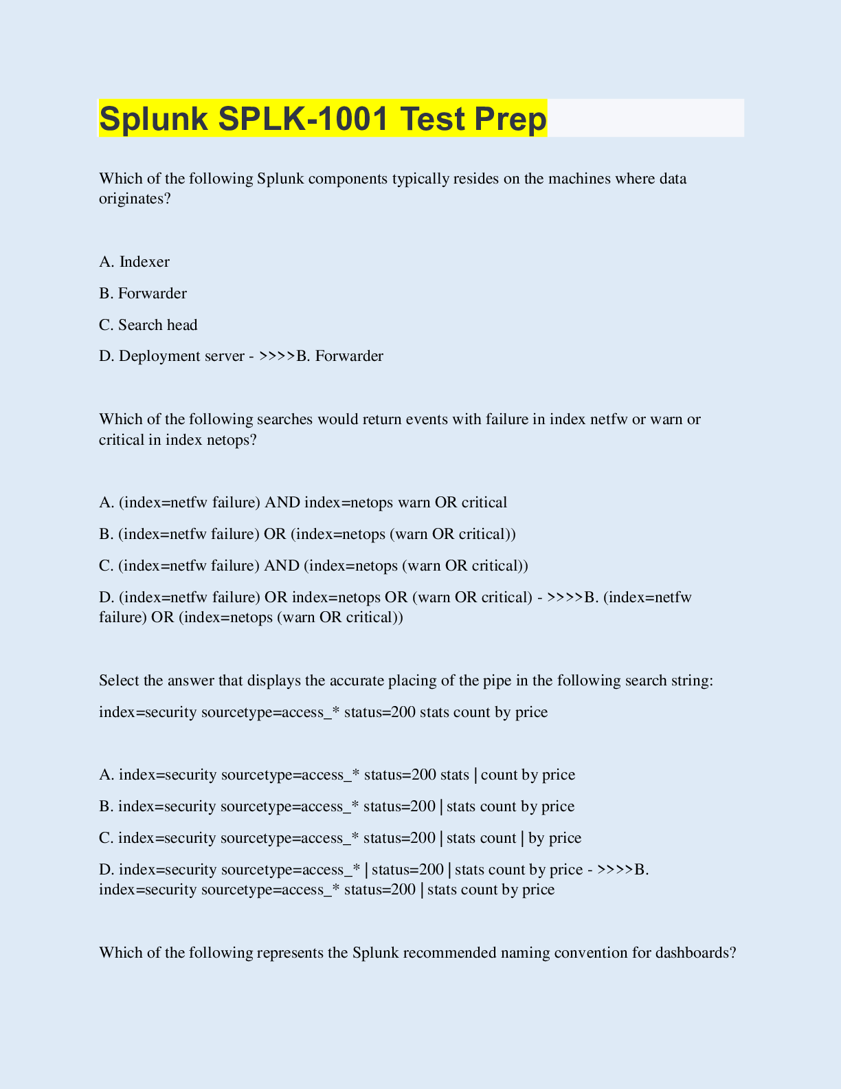 Splunk SPLK-1001 Test Prep | 85 Questions with 100% Correct Answers ...