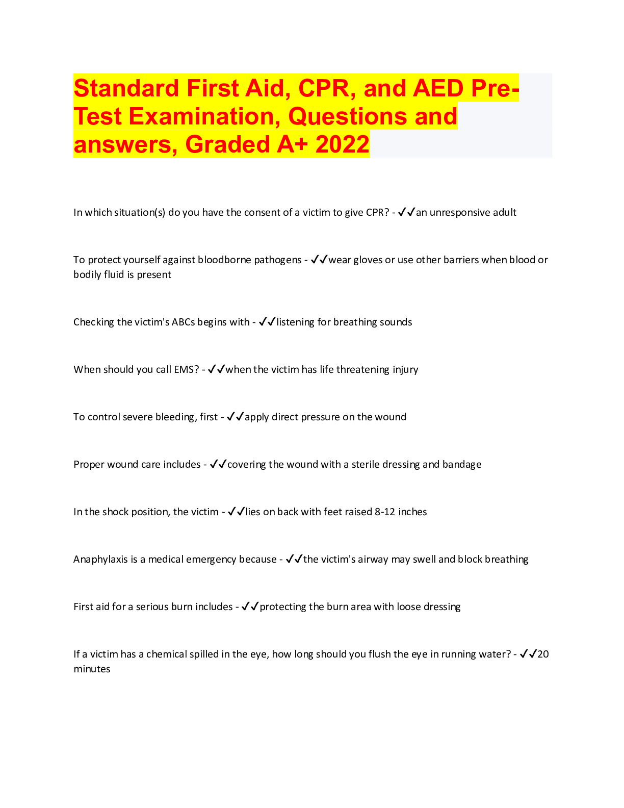 Standard First Aid, CPR, and AED Pre-Test Examination, Questions and ...