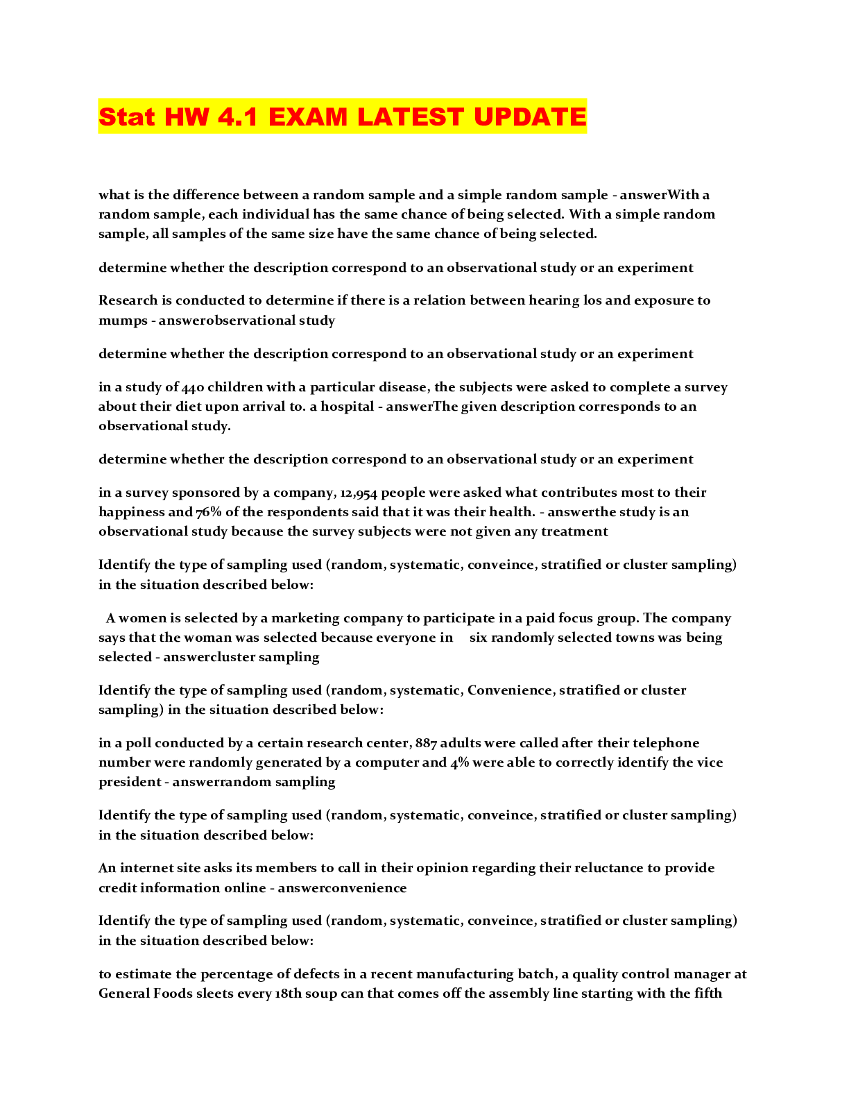 Stat HW 4.1 EXAM LATEST UPDATE - Scholarfriends