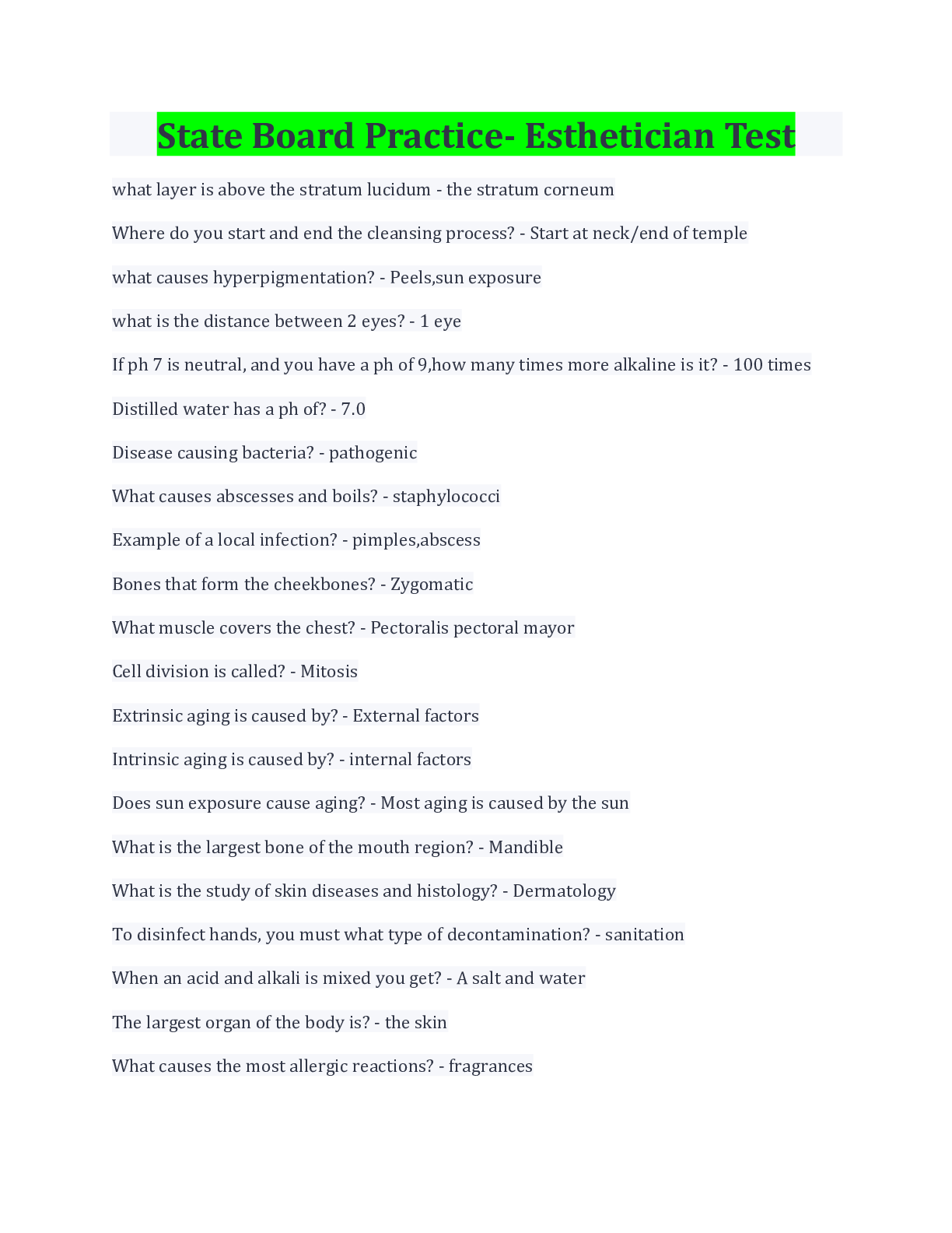 State Board Practice- Esthetician Test Latest Update Questions And ...