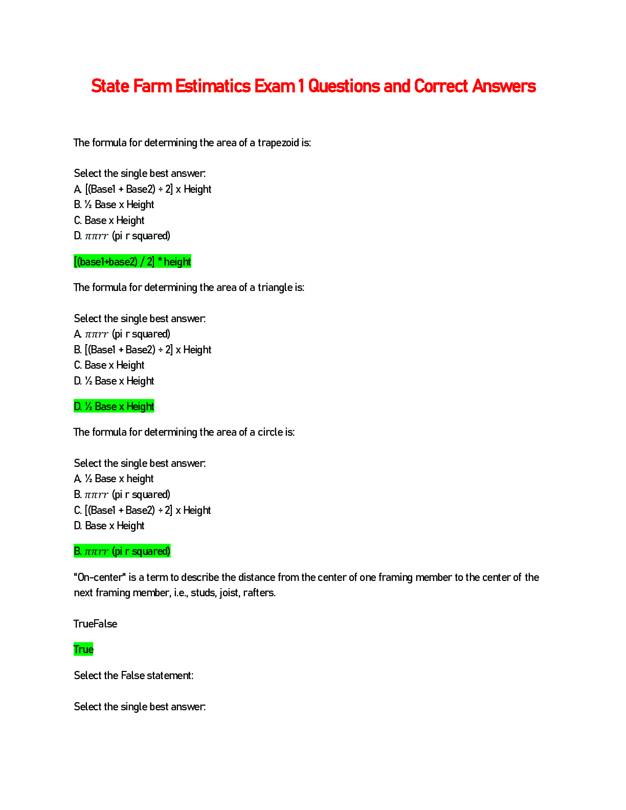 State Farm Estimatics Exam 1 Questions and Correct Answers - Scholarfriends