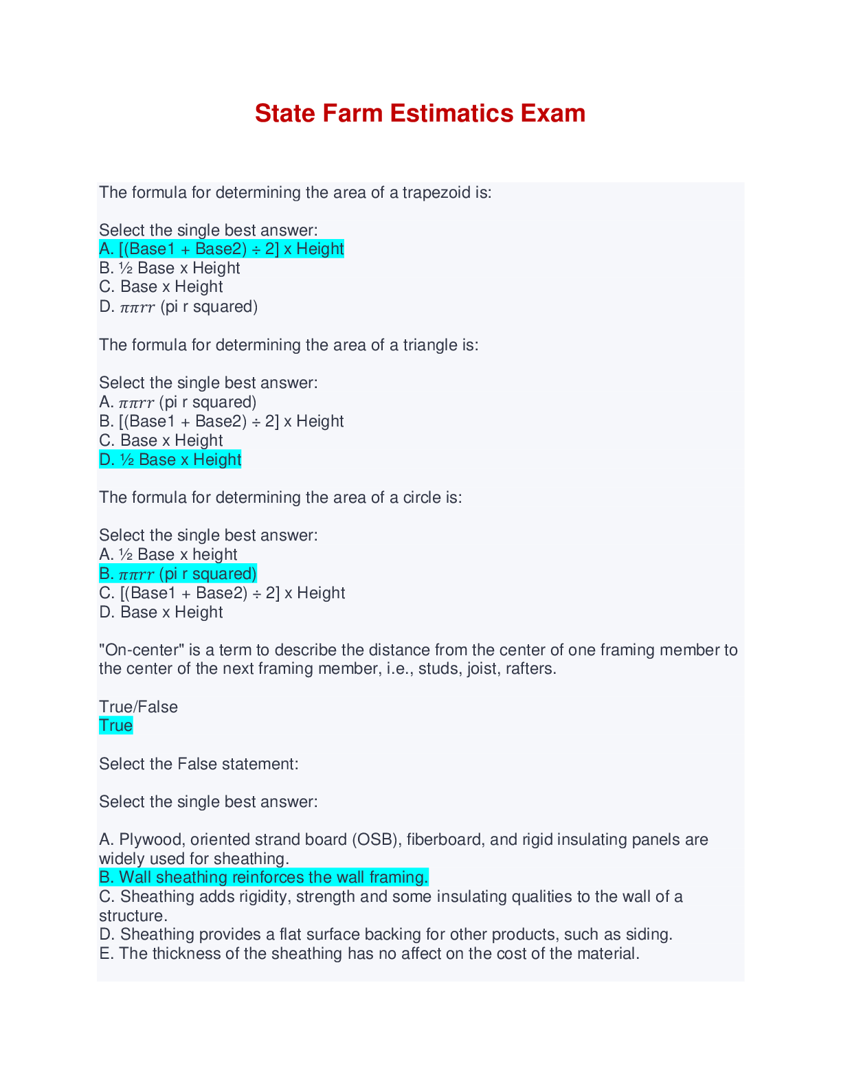 State Farm Estimatics Exam ; Questions & Answers; Guaranteed A+ Score ...