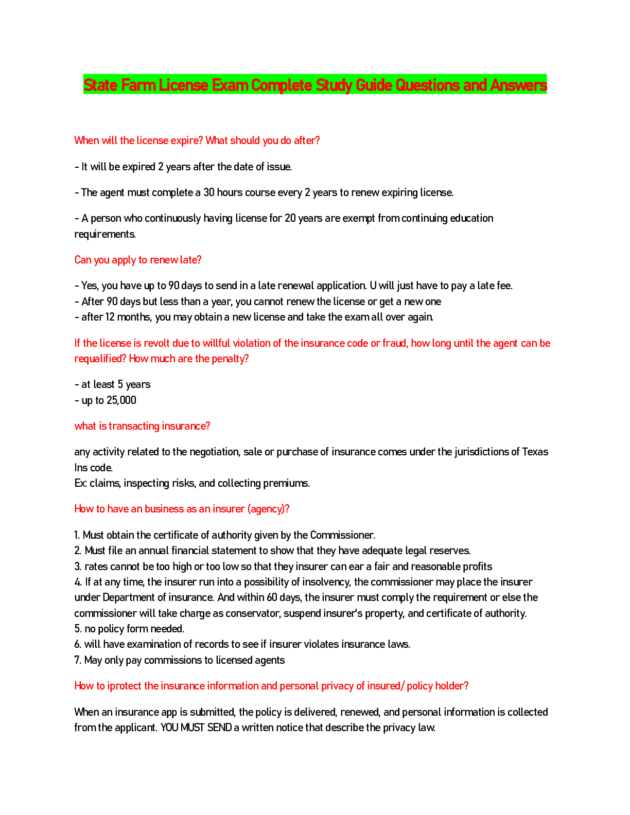 State Farm License Exam Complete Study Guide Questions and Answers ...