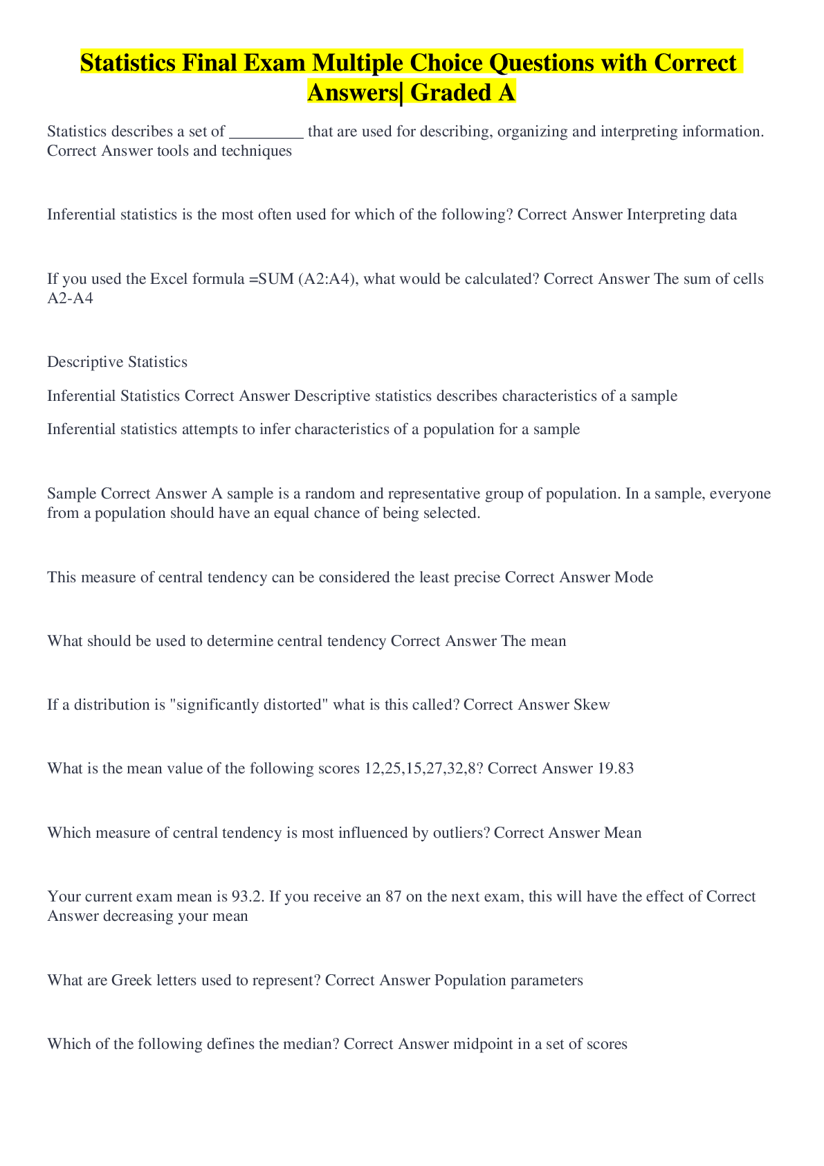 Statistics Final Exam Multiple Choice Questions with Correct Answers ...