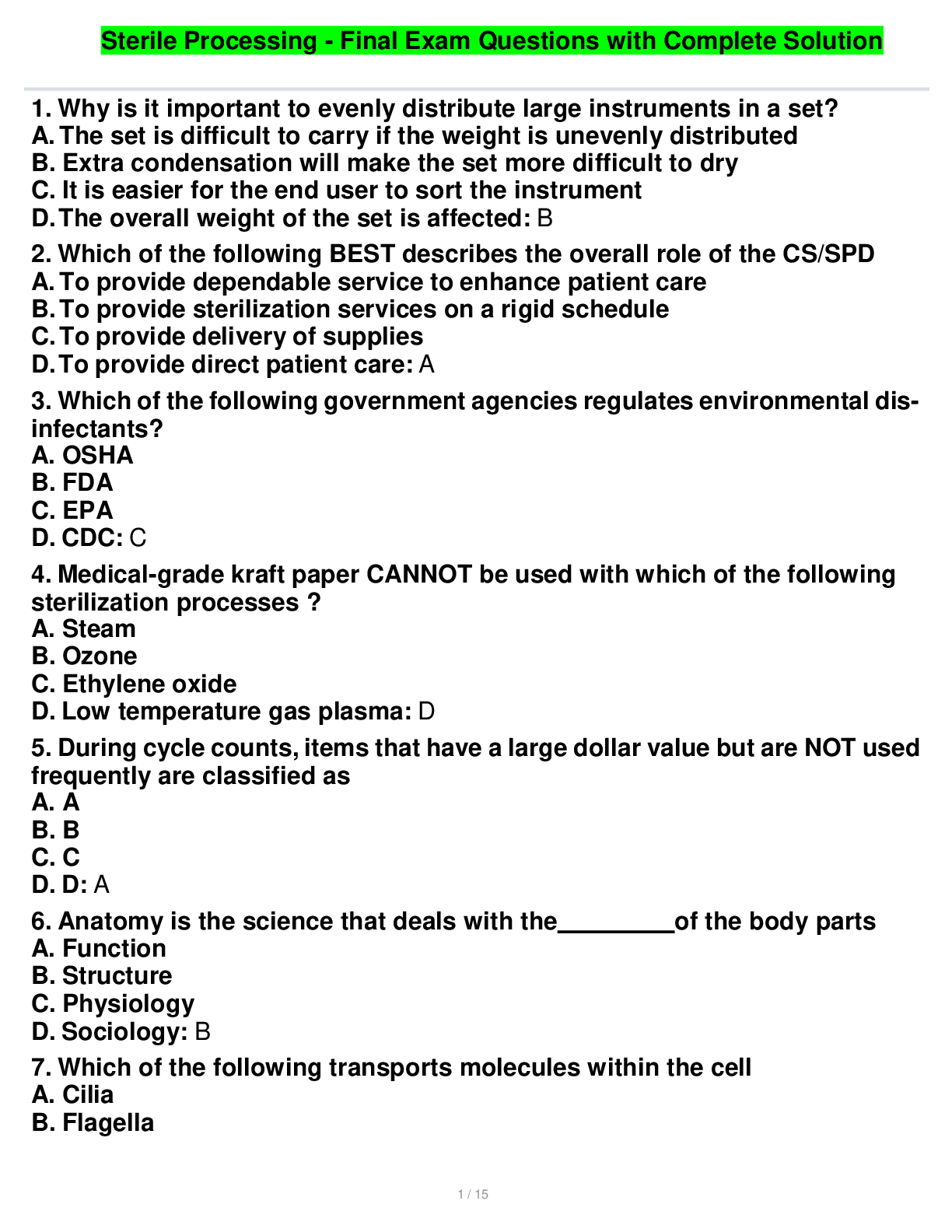 Sterile Processing Bundled Exams Questions and Answers with Verified ...