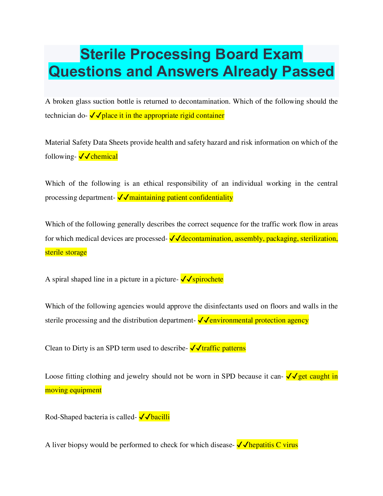 Sterile Processing Board Exam Questions and Answers Already Passed ...