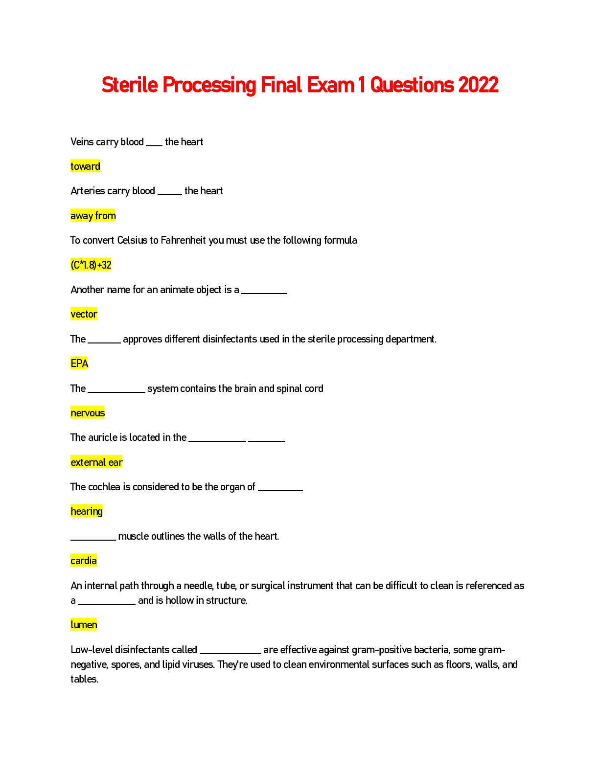 Sterile Processing Final Exam 1 Questions 2022 - Scholarfriends
