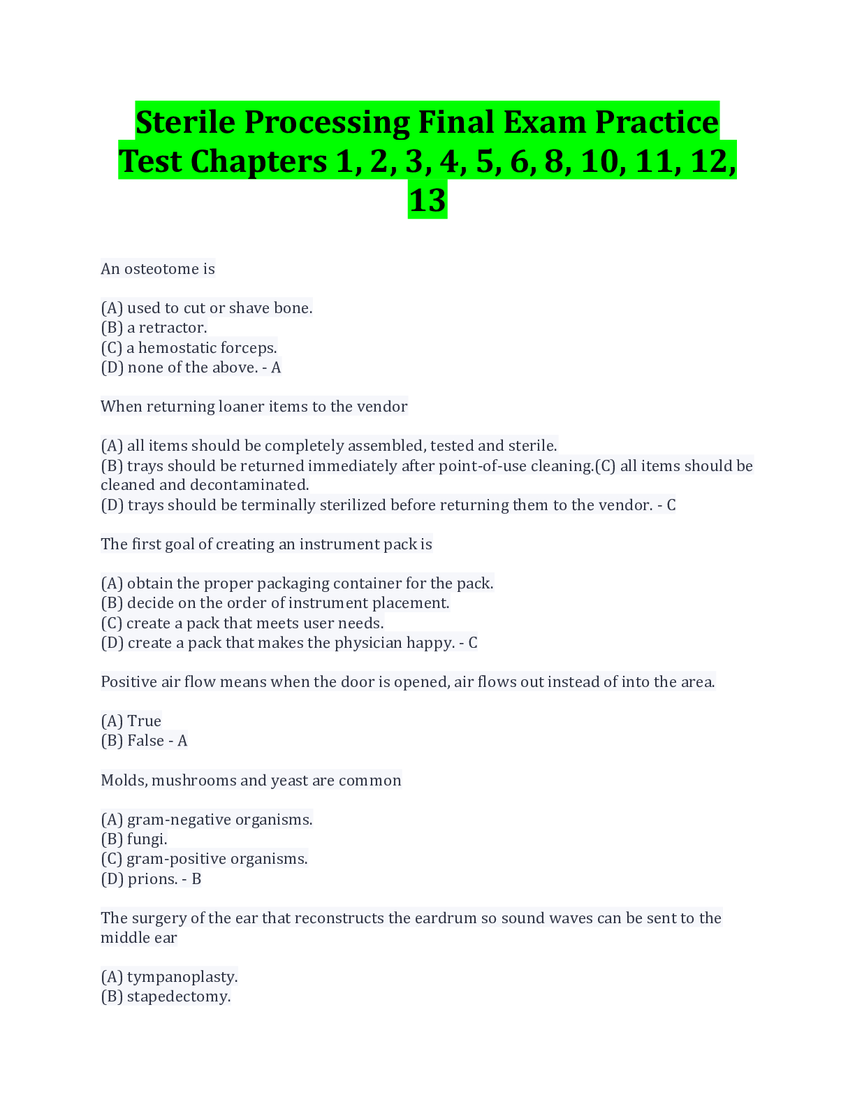Sterile Processing Final Exam Practice Test Chapters 1, 2, 3, 4, 5, 6 ...