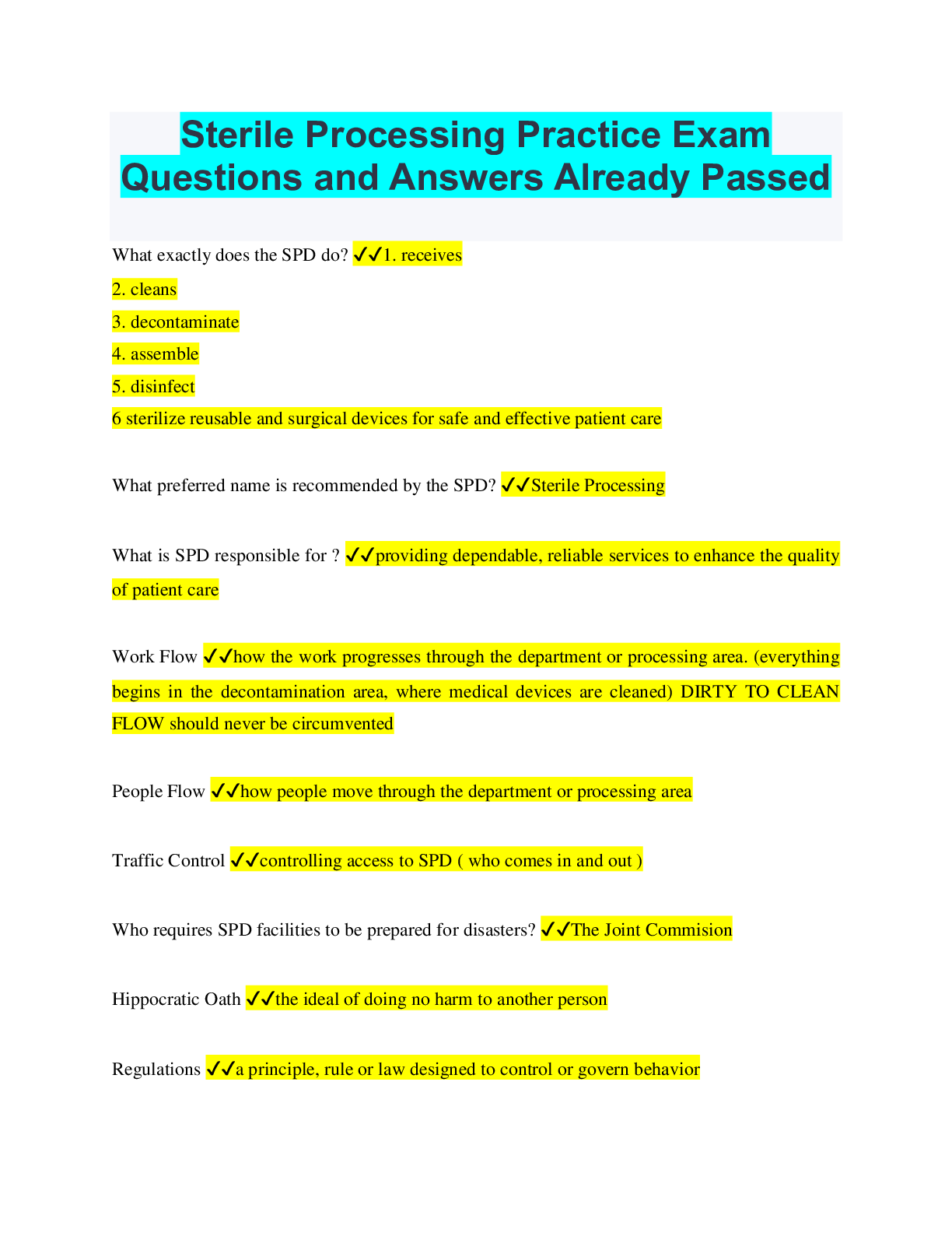 Sterile Processing Practice Exam Questions and Answers Already Passed ...