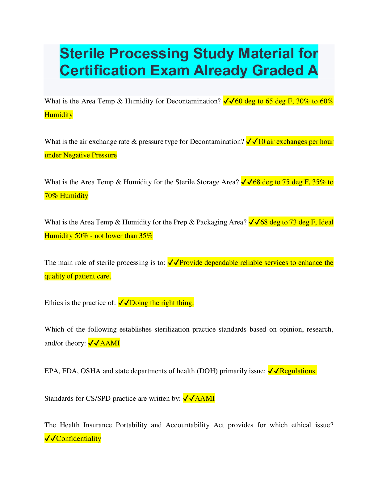 Sterile Processing Study Material for Certification Exam Already Graded ...