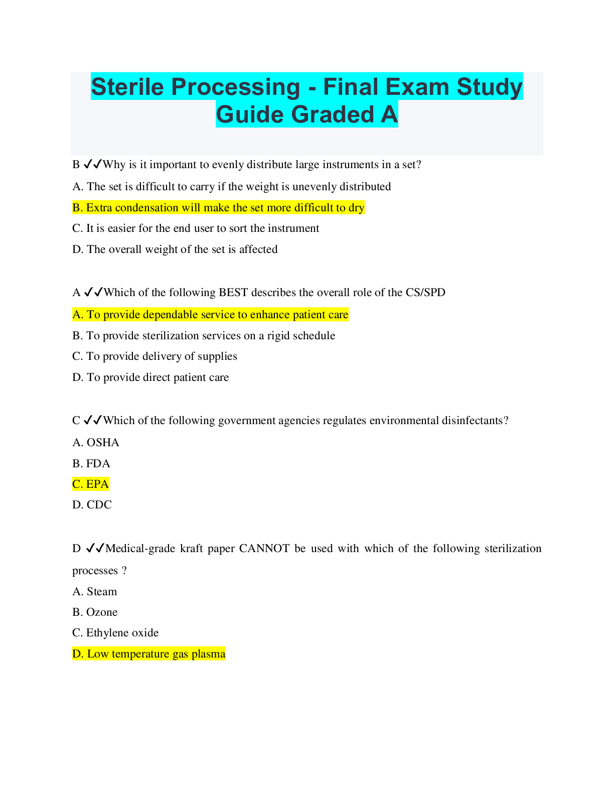 Sterile Processing - Final Exam Study Guide Graded A - Scholarfriends