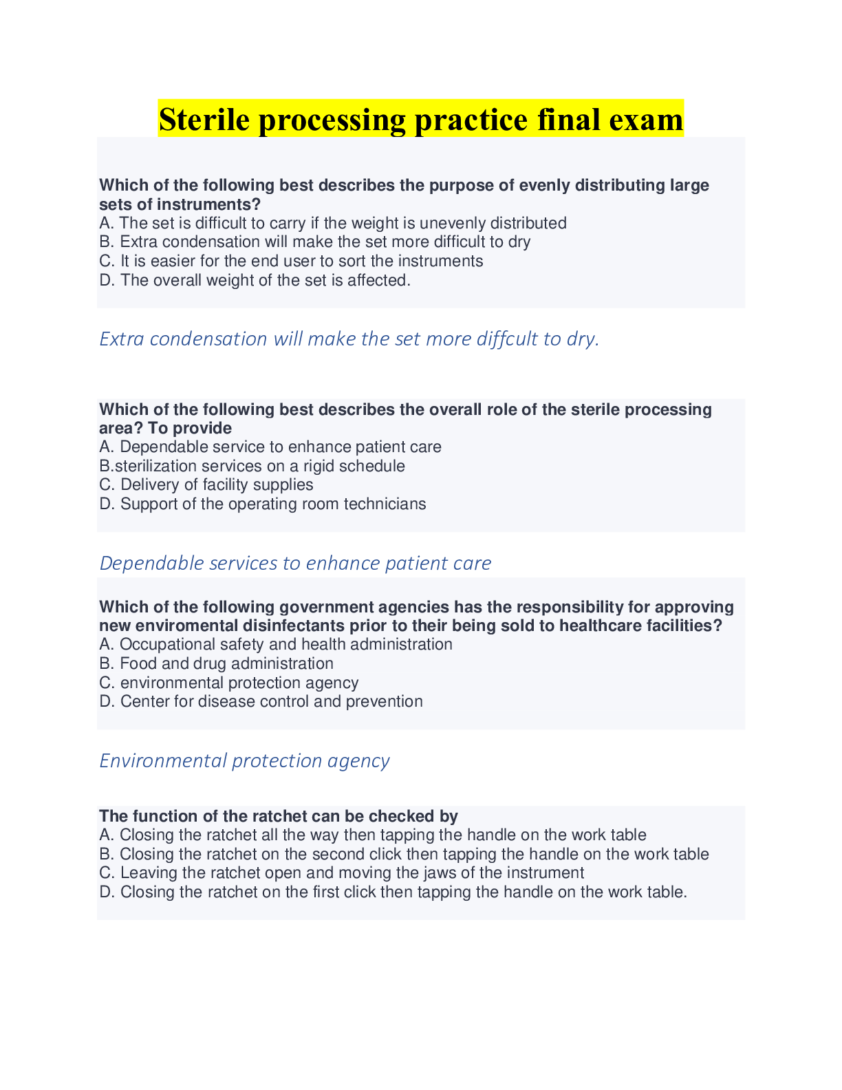 Sterile Processing Practice Final Exam (2022) Questions And Answers 100 ...