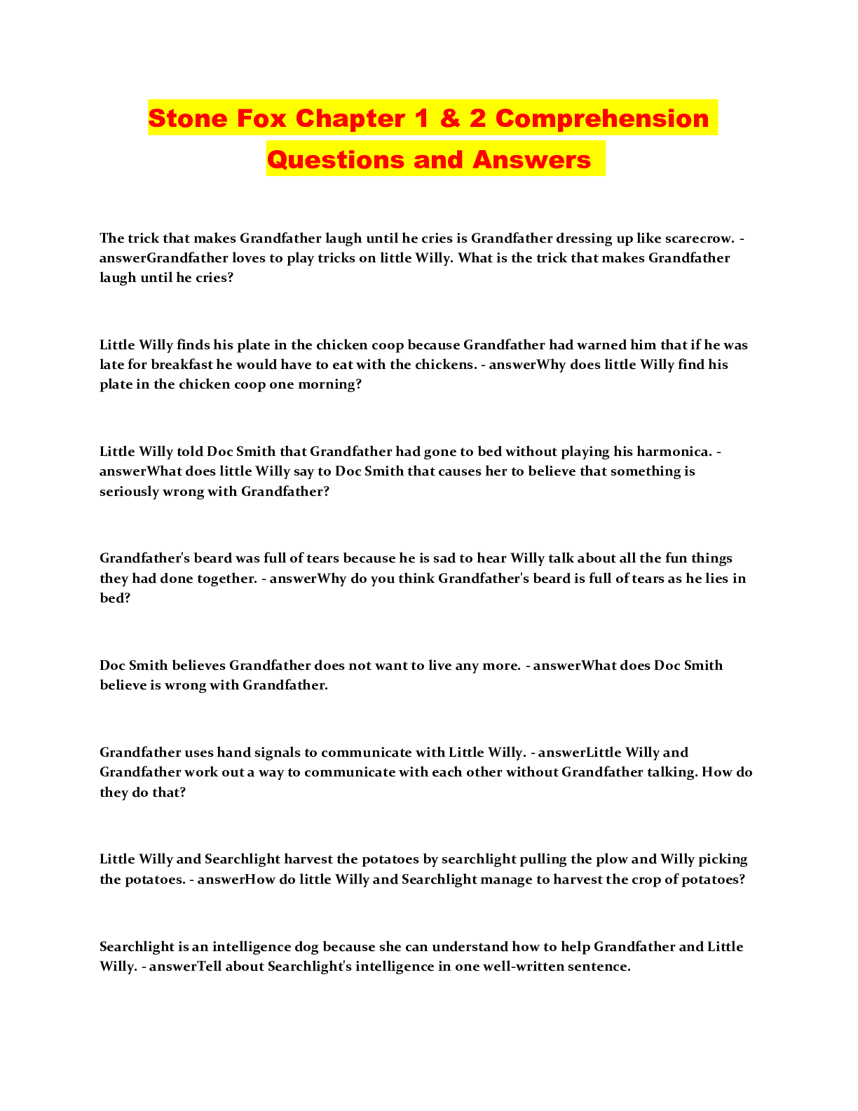 Stone Fox Chapter 1 & 2 Comprehension Questions and Answers ...