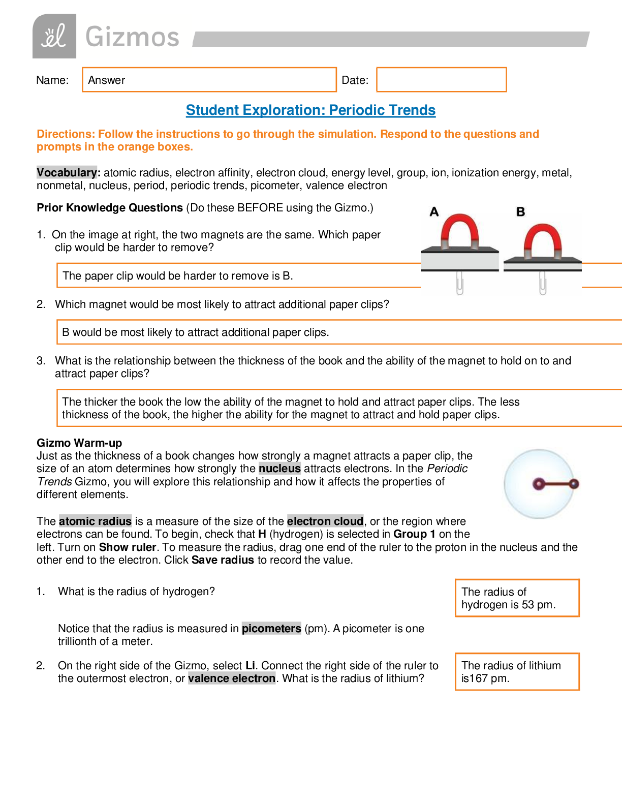 GIZMOS. CHEMISTRY 101: Student Exploration: Periodic Trends/ Periodic ...