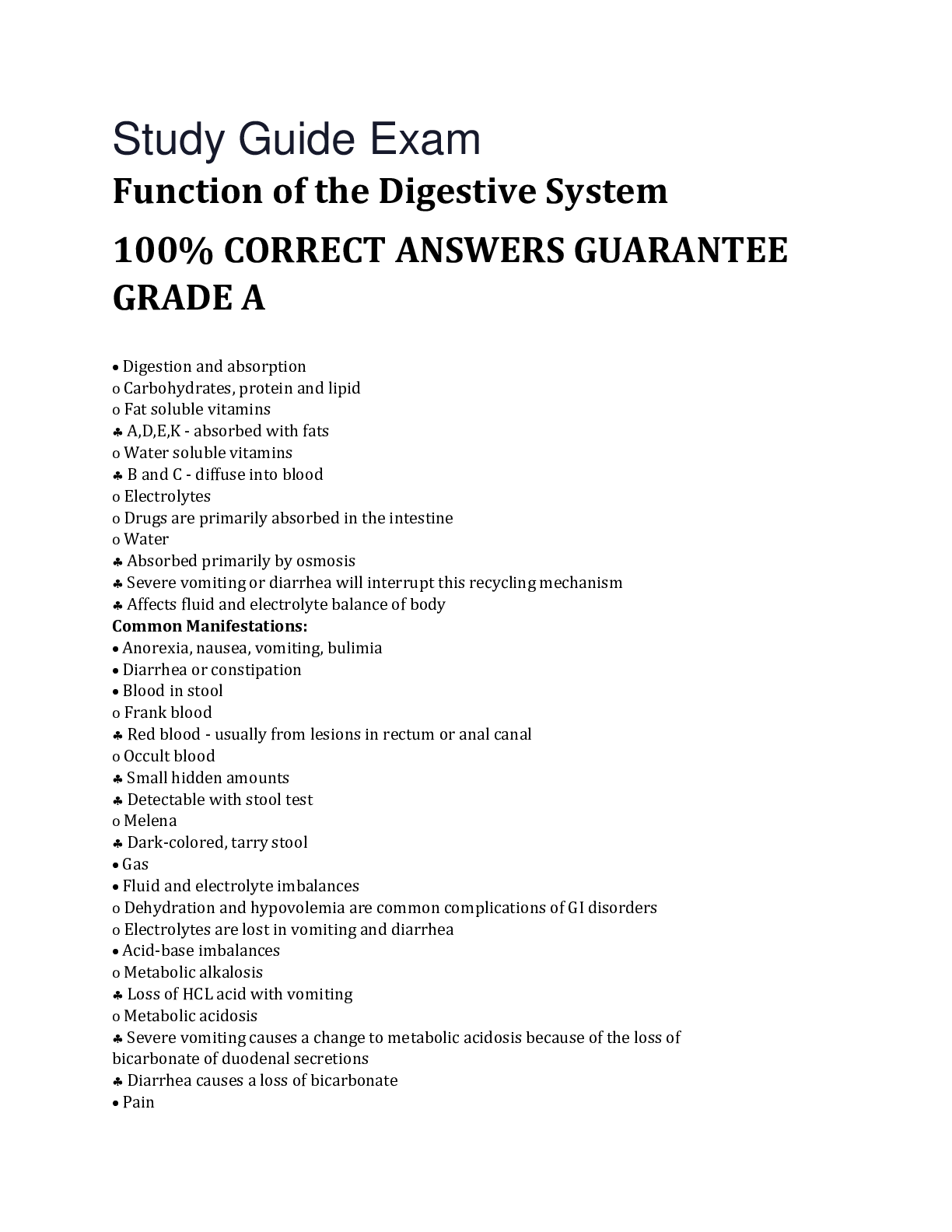 Study Guide Exam Function of the Digestive System 100% CORRECT ANSWERS ...