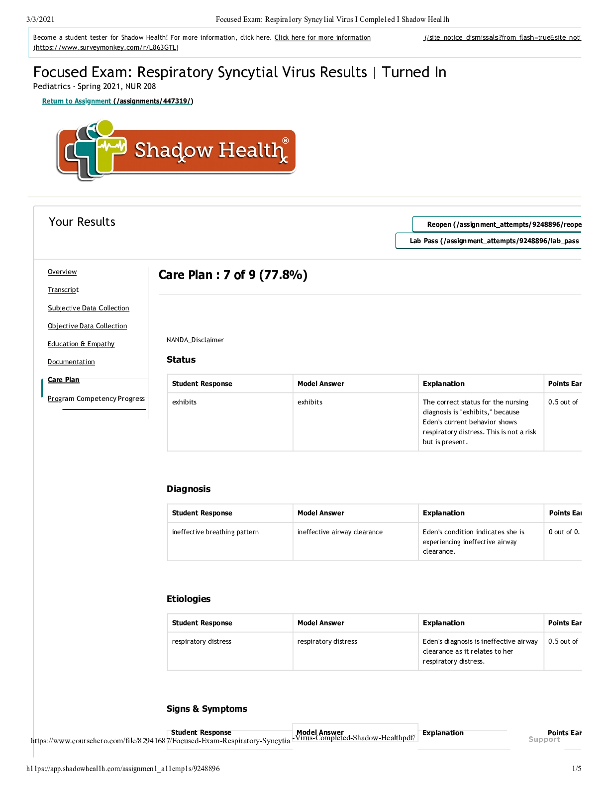 Focused Exam Respiratory Syncytial Virus Completed Shadow Health- Care ...