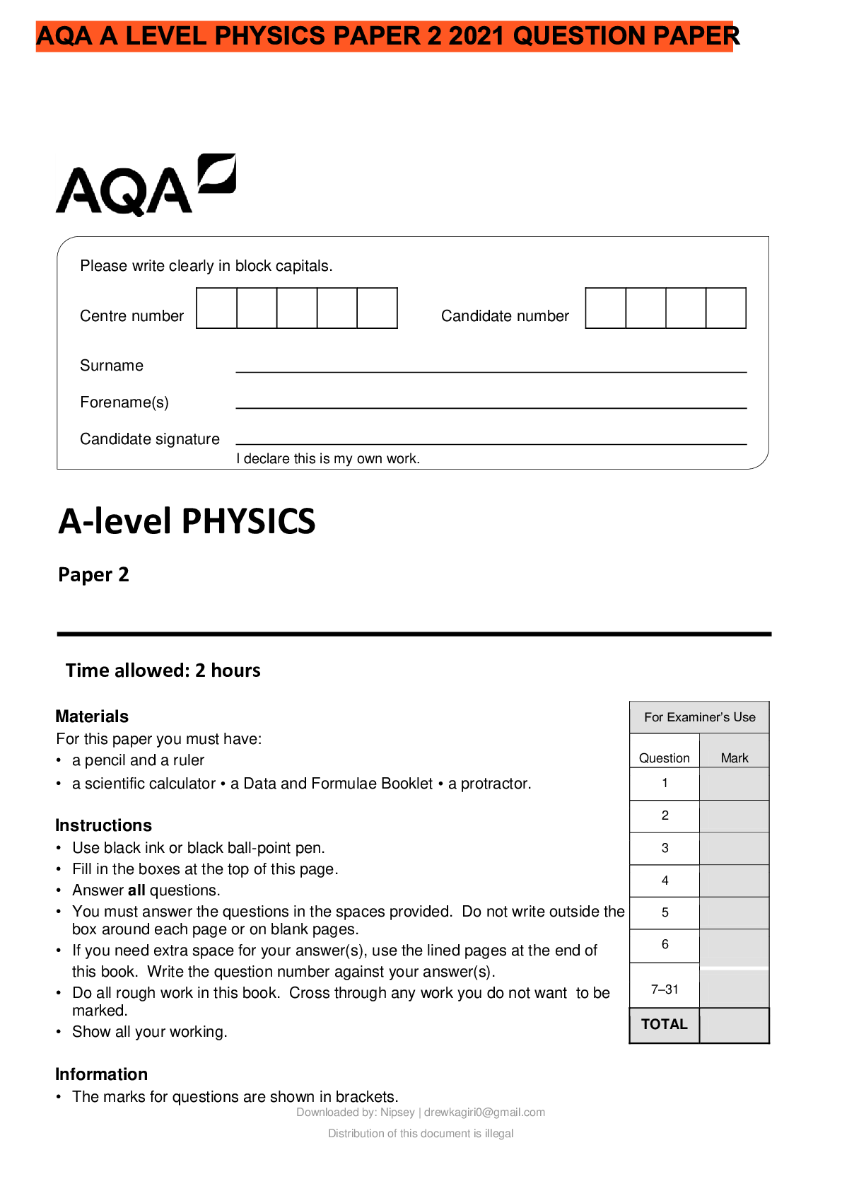 AQA A LEVEL PHYSICS PAPER 2 2021 QUESTION PAPER - Scholarfriends