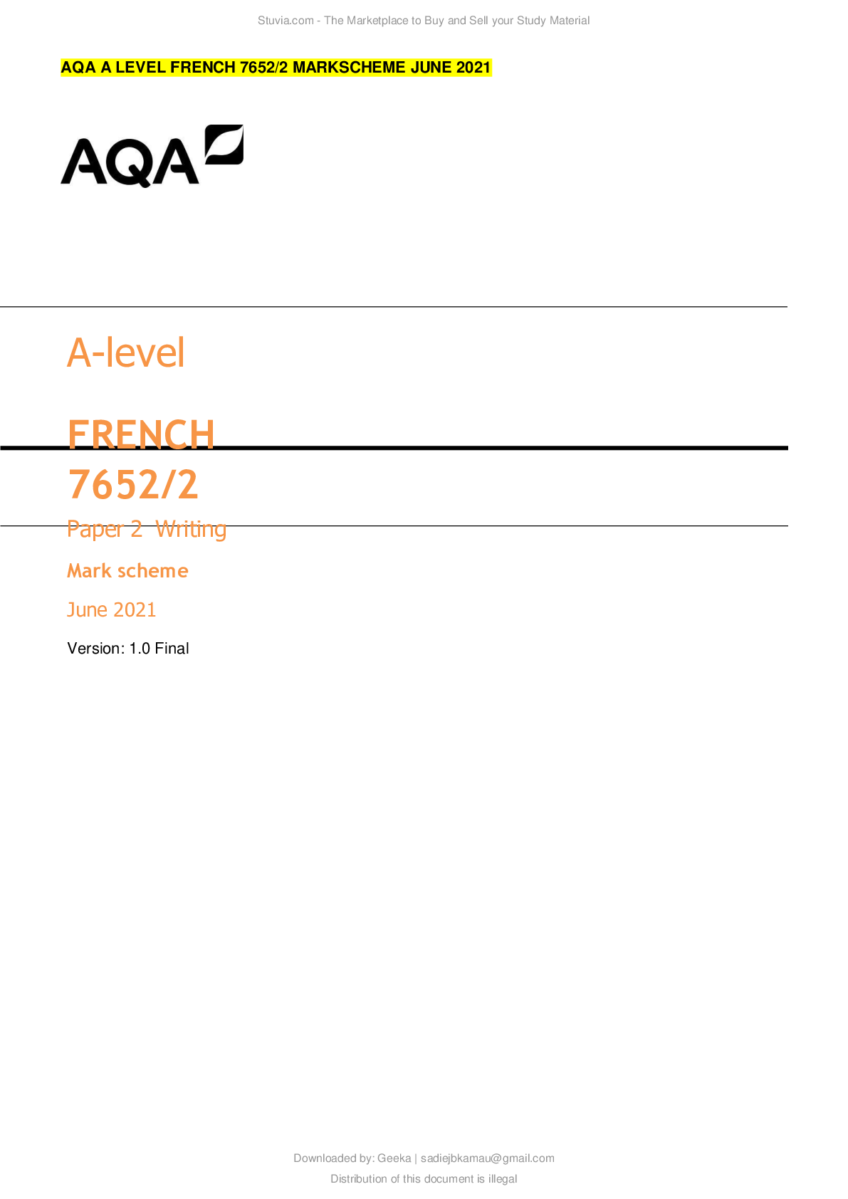 AQA A LEVEL FRENCH 7652/2 MARKSCHEME JUNE 2021 - Scholarfriends