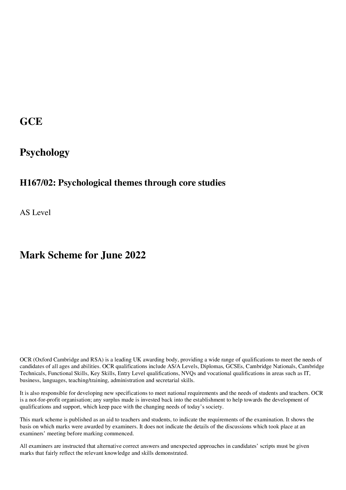 OCR AS LEVEL JUNE 2022 MARKSHEME PSYCHOLOGY PAPER 2 PSYCHOLOGICAL ...