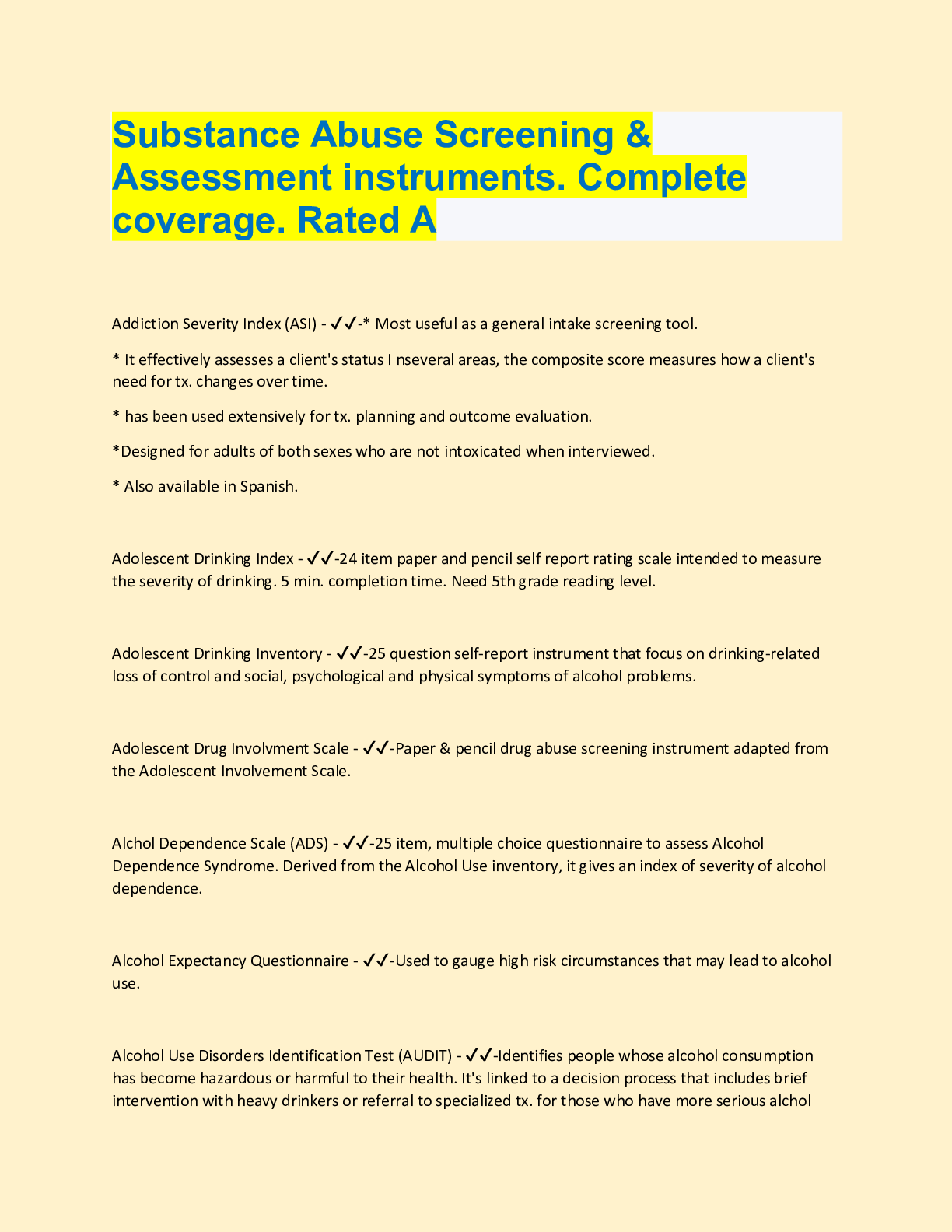 Substance Abuse Screening & Assessment instruments. Complete coverage ...