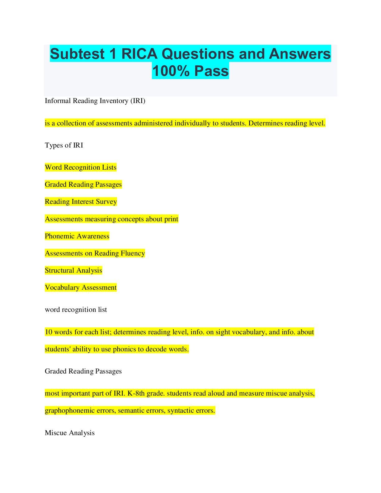 Subtest 1 RICA Questions and Answers 100% Pass - Scholarfriends