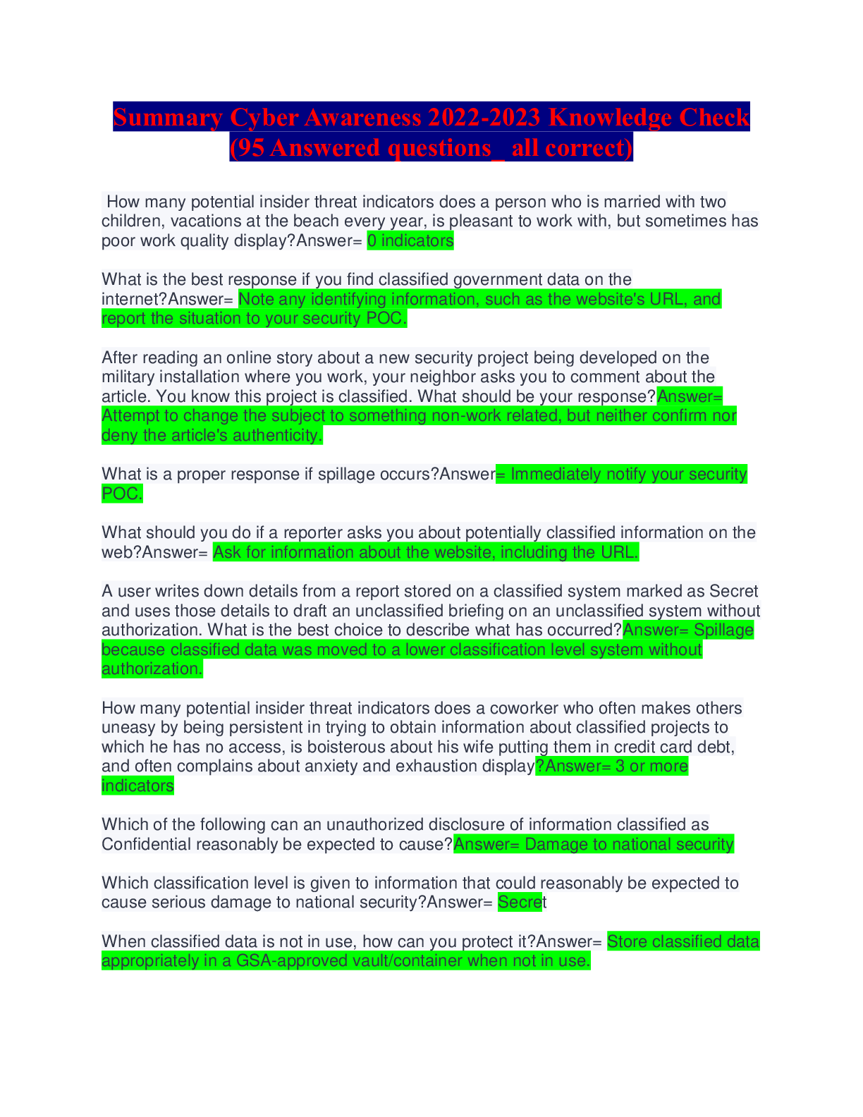 Cyber Awareness 2022-2023 Knowledge Check (95 Answered questions_ all ...