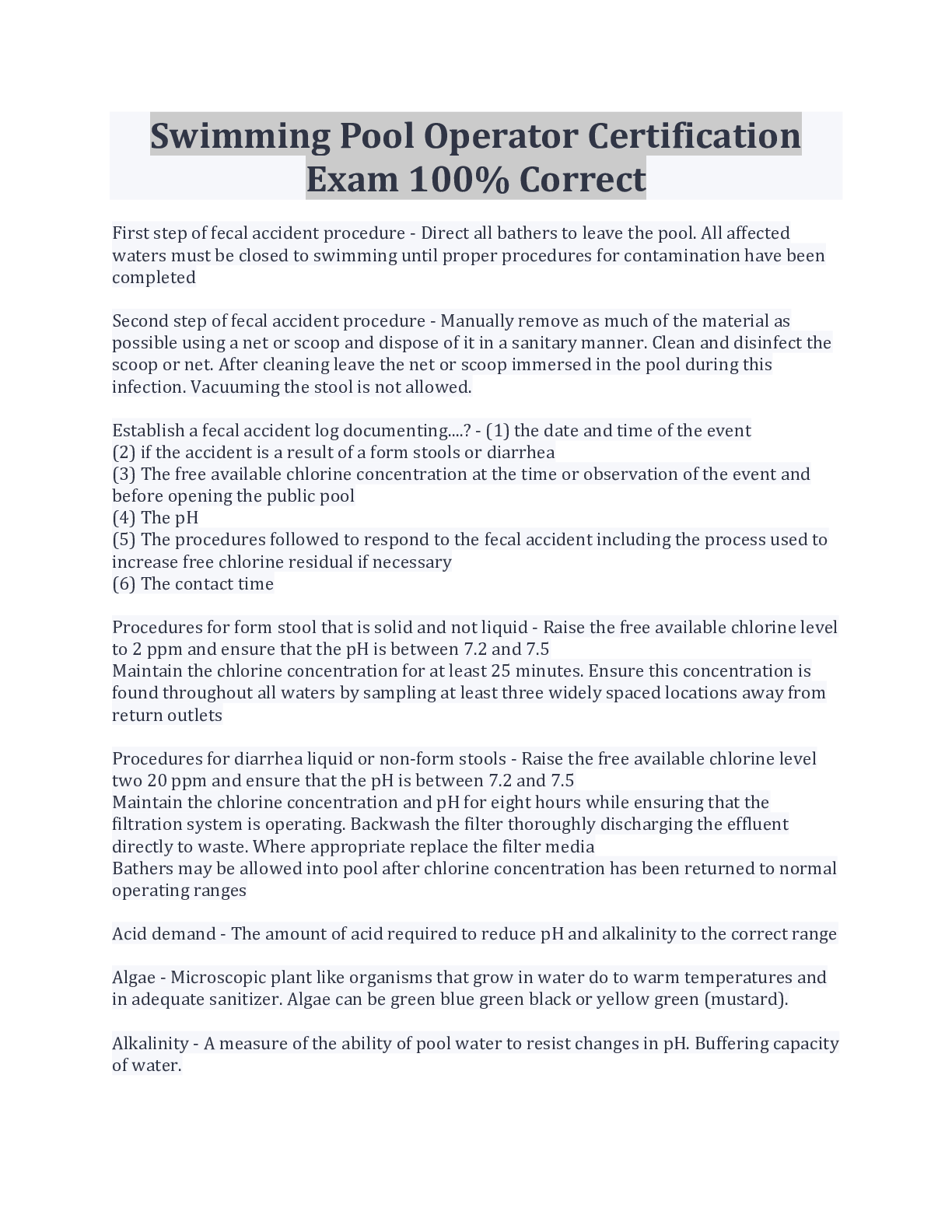 Swimming Pool Operator Certification Exam 100% Correct - Scholarfriends
