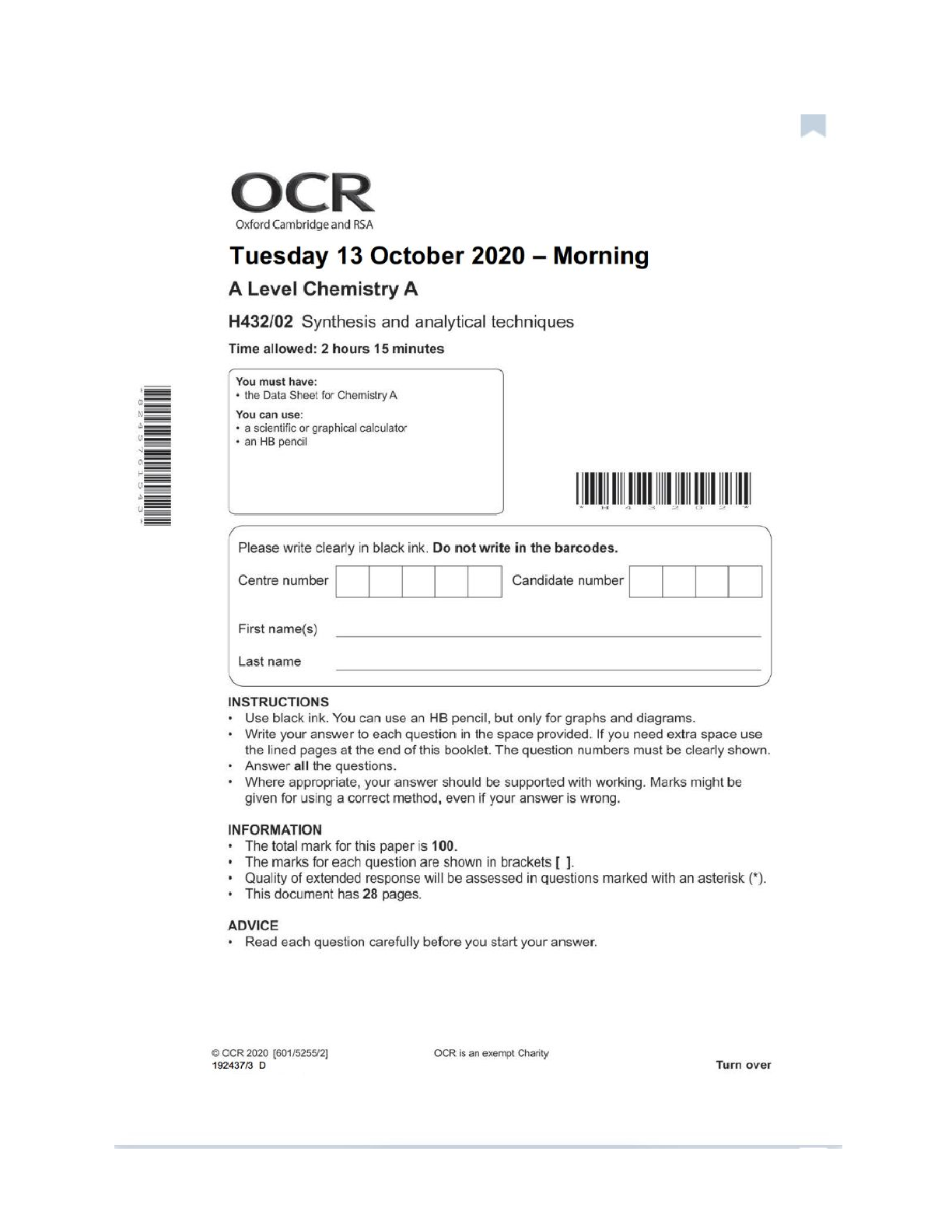 OCR GCE A Level Chemistry A H432/02: Synthesis and analytical ...