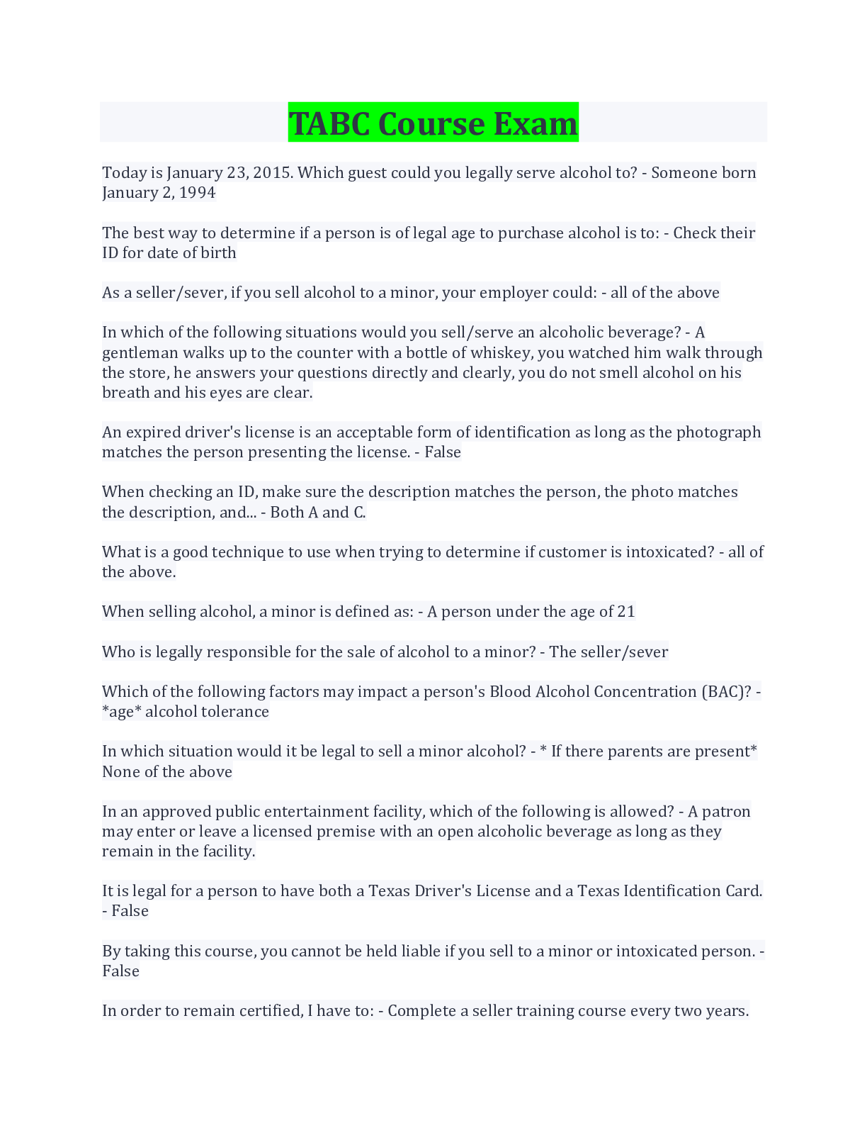 TABC Course Exam Questions And Answers - Scholarfriends