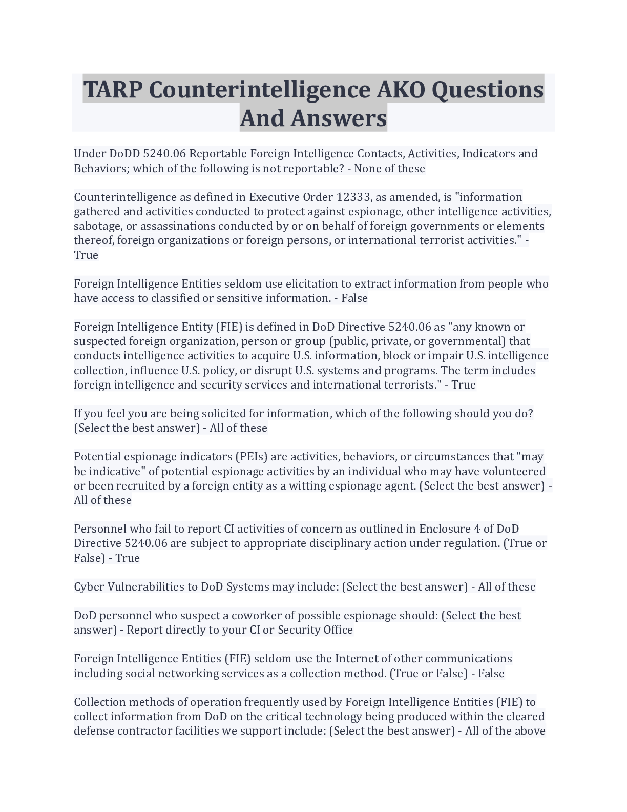 TARP Counterintelligence AKO Questions And Answers - Scholarfriends